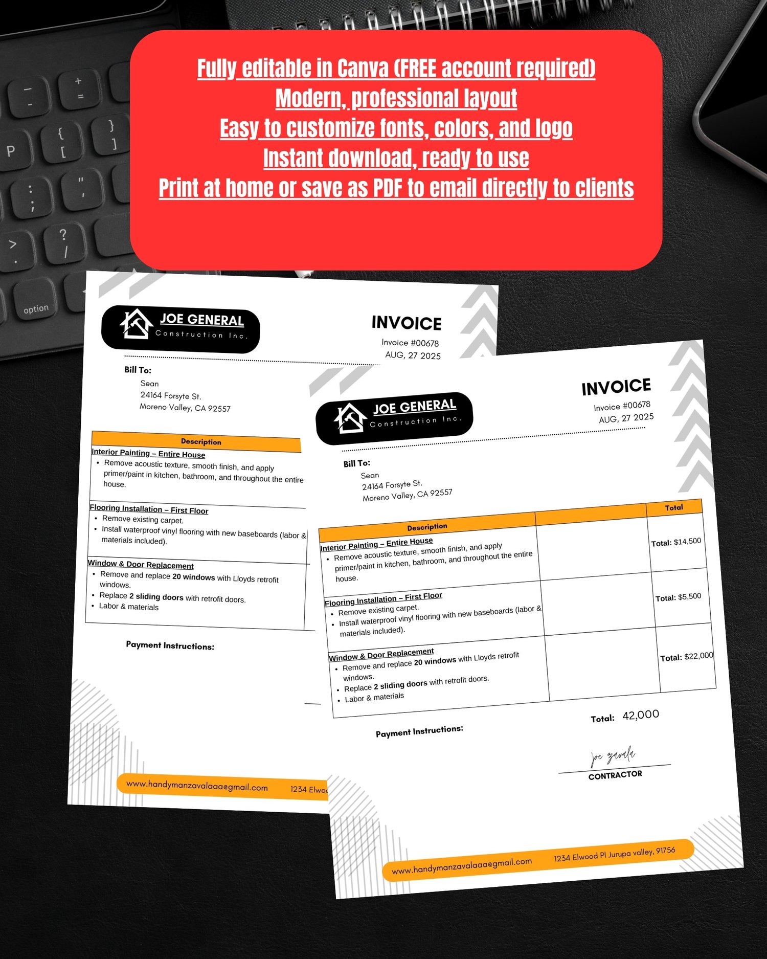 Editable Construction Invoice Template - Contractor Bill Format ...