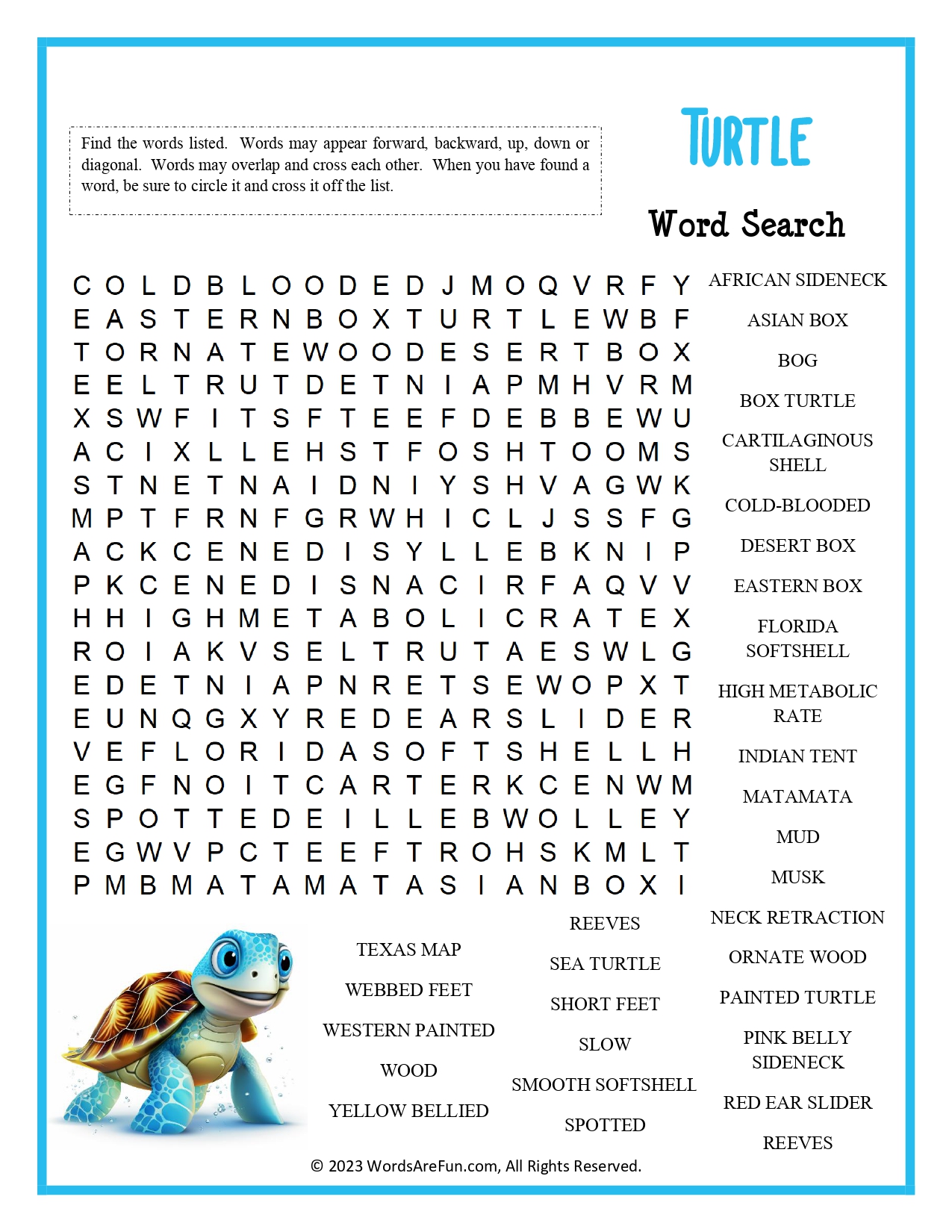 Turtle Word Search Puzzle | Printable Animal Activity for Kids ...