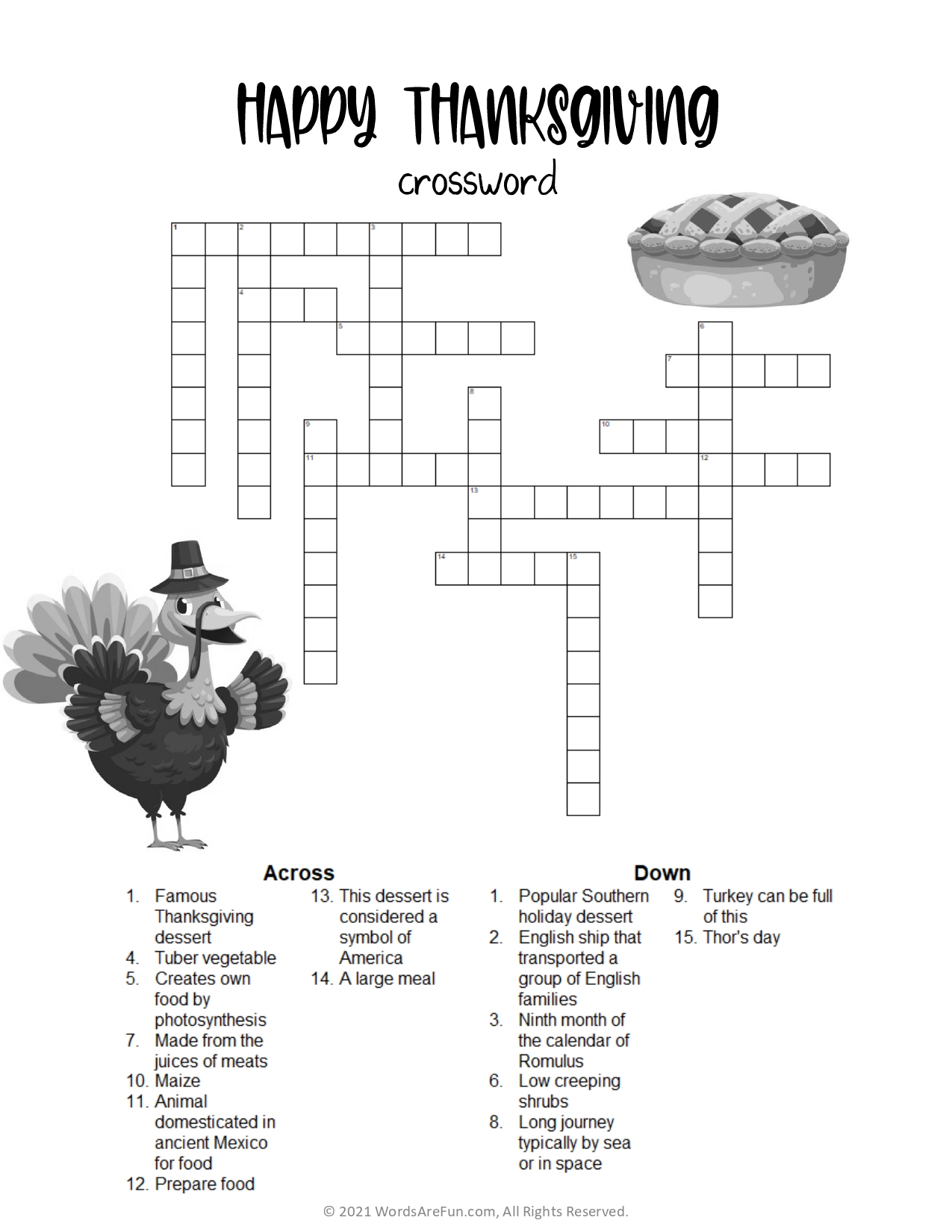 Free Thanksgiving Crossword Puzzle PDF | Fun Fall Activity Worksheet ...
