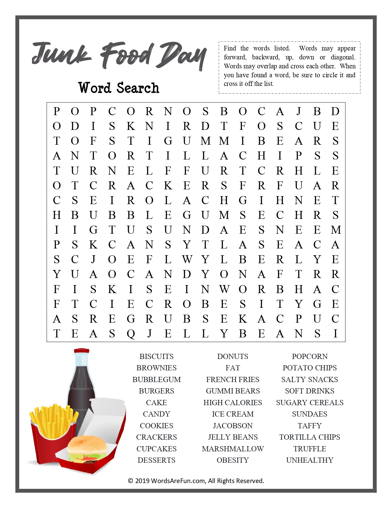 Junk Food Day Word Search Puzzle PDF | Fun Food-Themed Activity ...