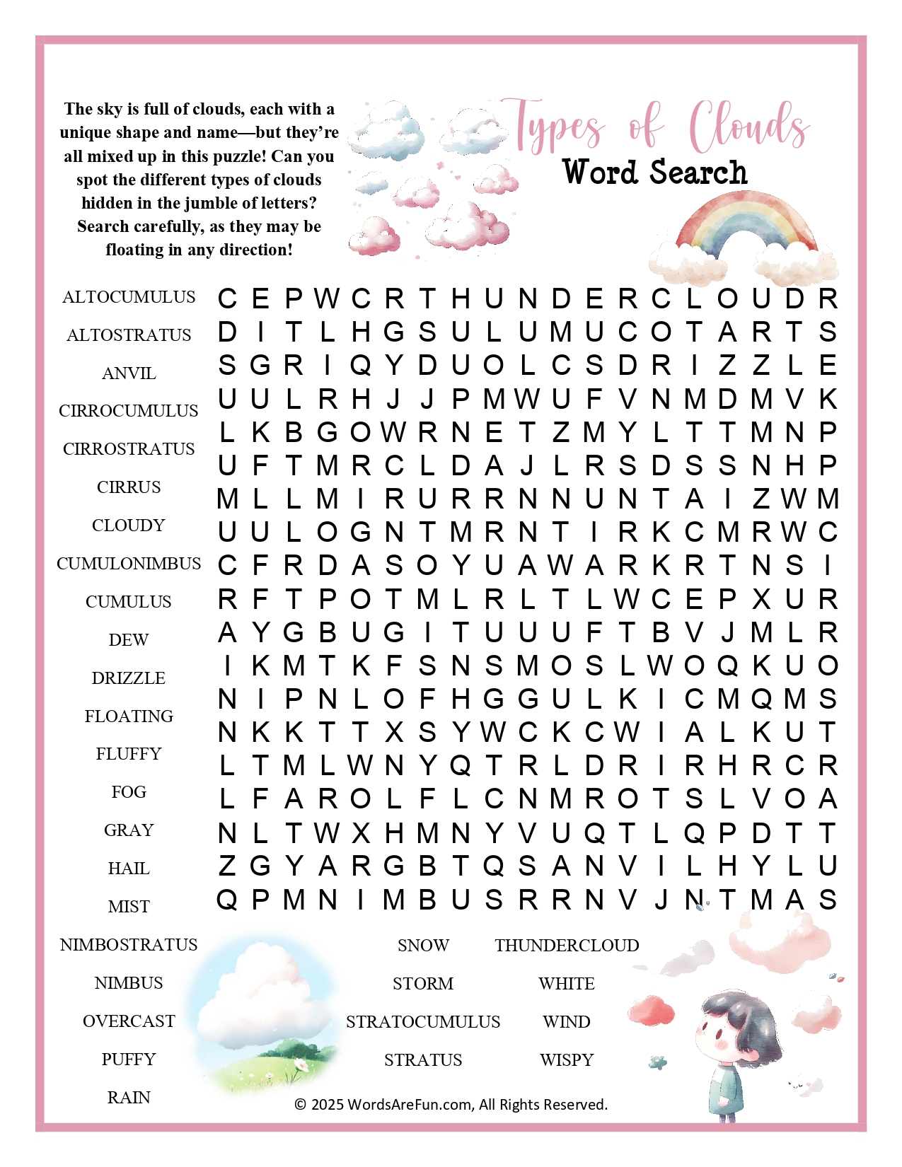 Types of Clouds Word Search Puzzle PDF | Weather & Science Vocabulary ...