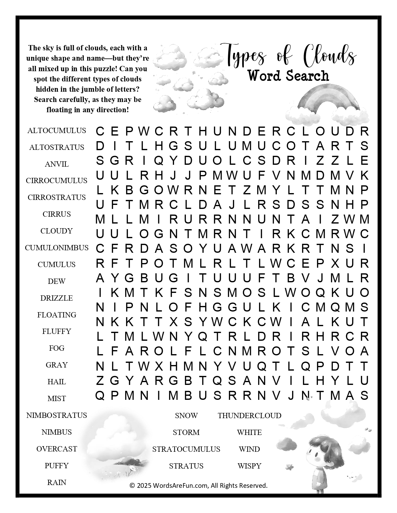 Types of Clouds Word Search Puzzle PDF | Weather & Science Vocabulary ...
