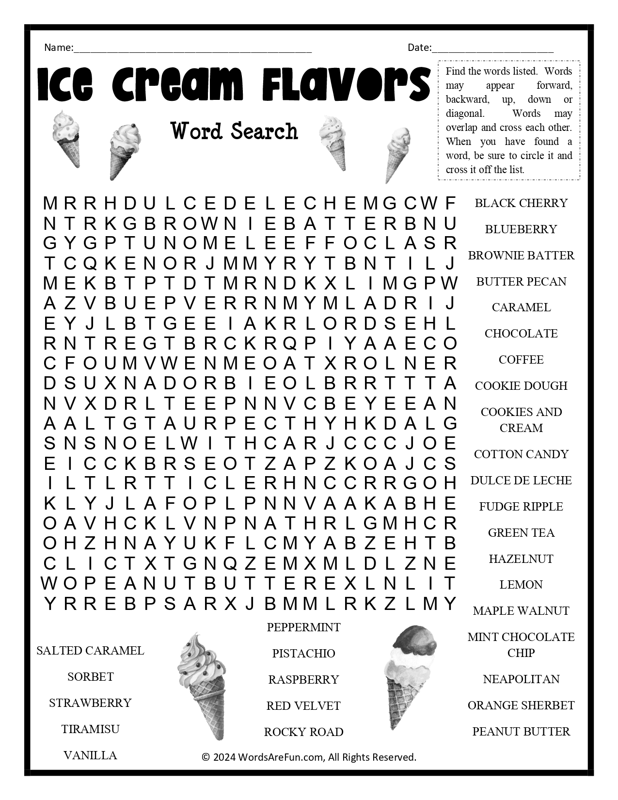 Ice Cream Flavors Word Search Puzzle | Fun Printable PDF for Kids & Adults