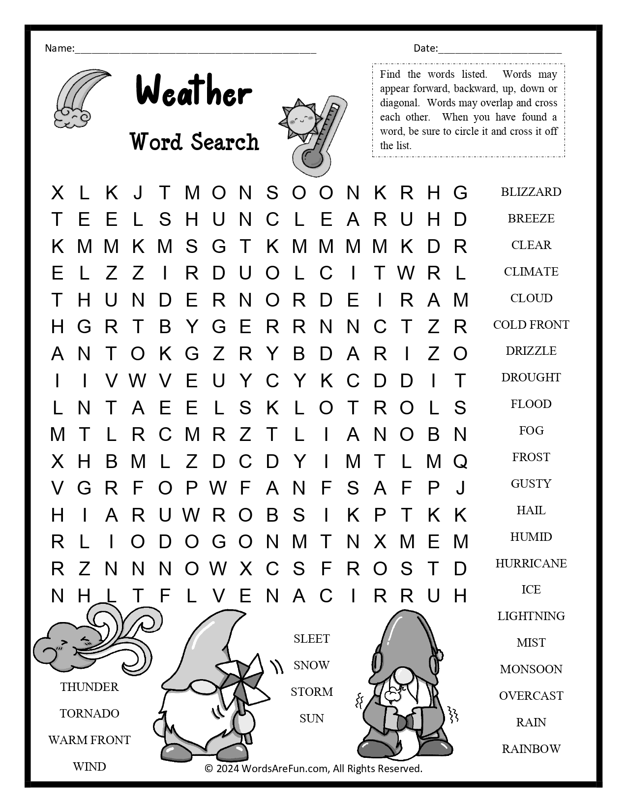 Weather Word Search & Coloring | Printable Science Puzzle for Kids