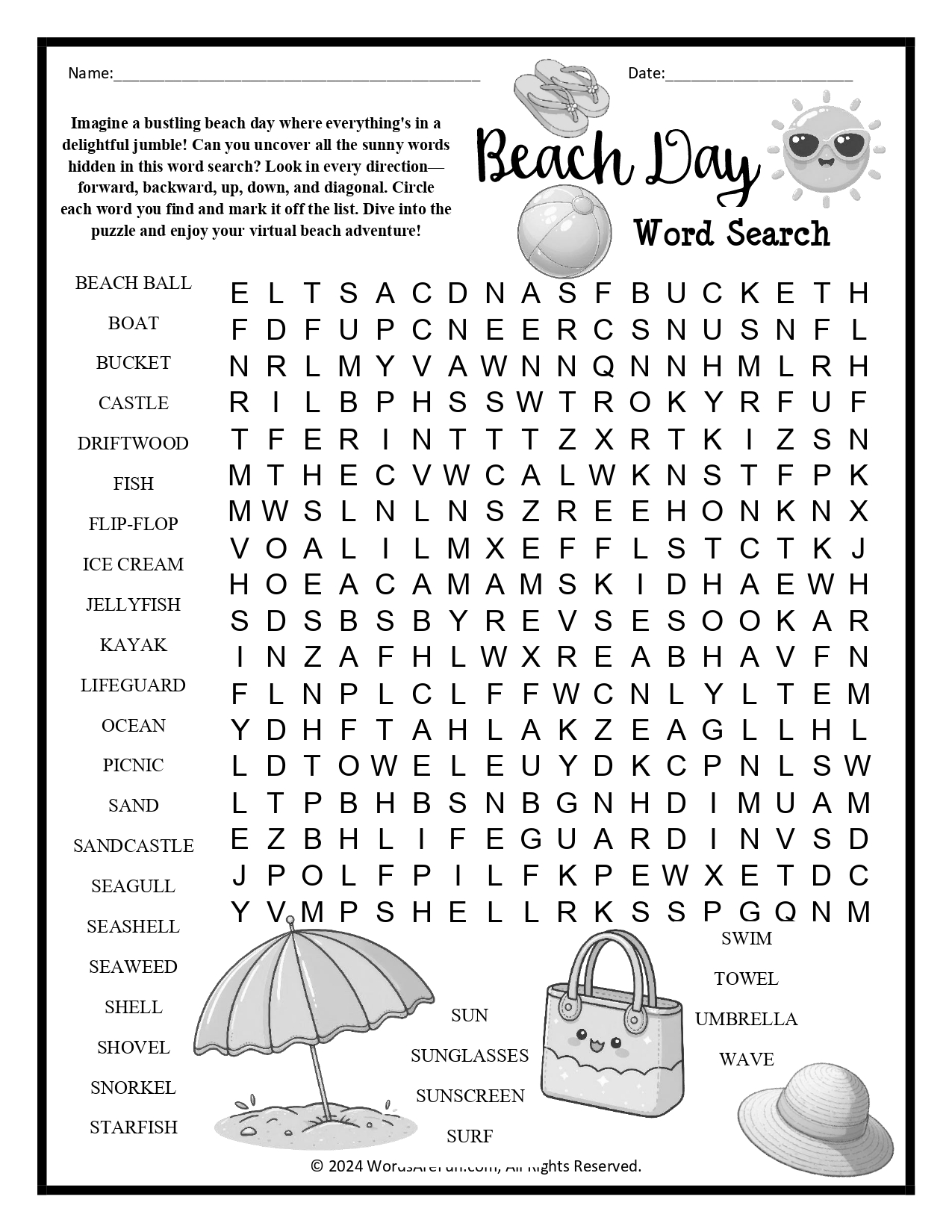 Beach Day Word Search Puzzle | Printable Summer Beach Activity for Kids ...