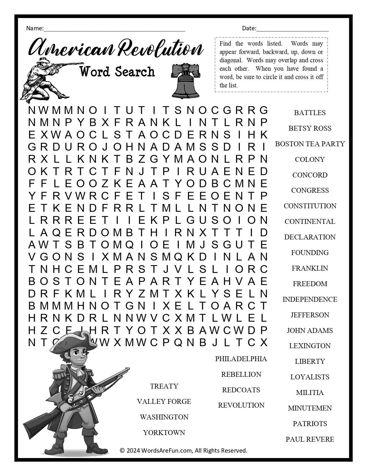 American Revolution Word Search | Printable U.S. History Puzzle for ...