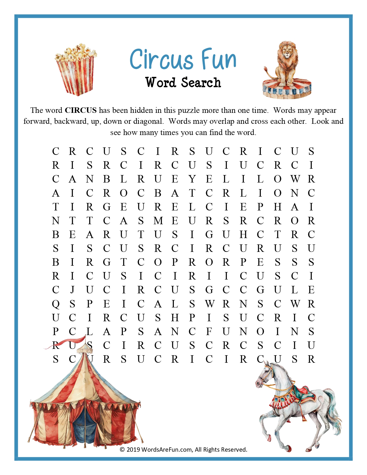 Circus Fun Word Search Puzzle | Printable Big Top Activity Game for ...