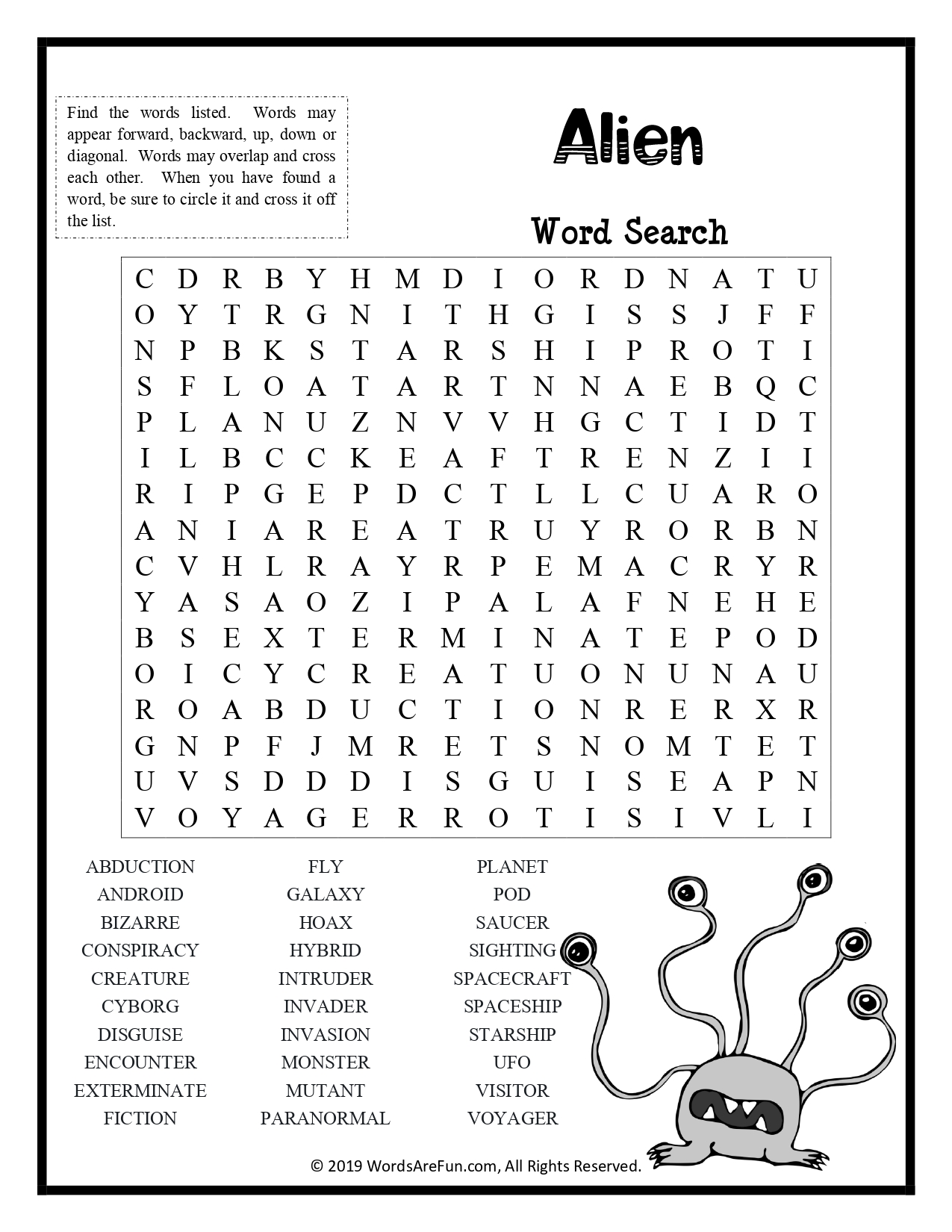 FREE Alien Word Search Puzzle | UFO & Space Activity Printable for Kids
