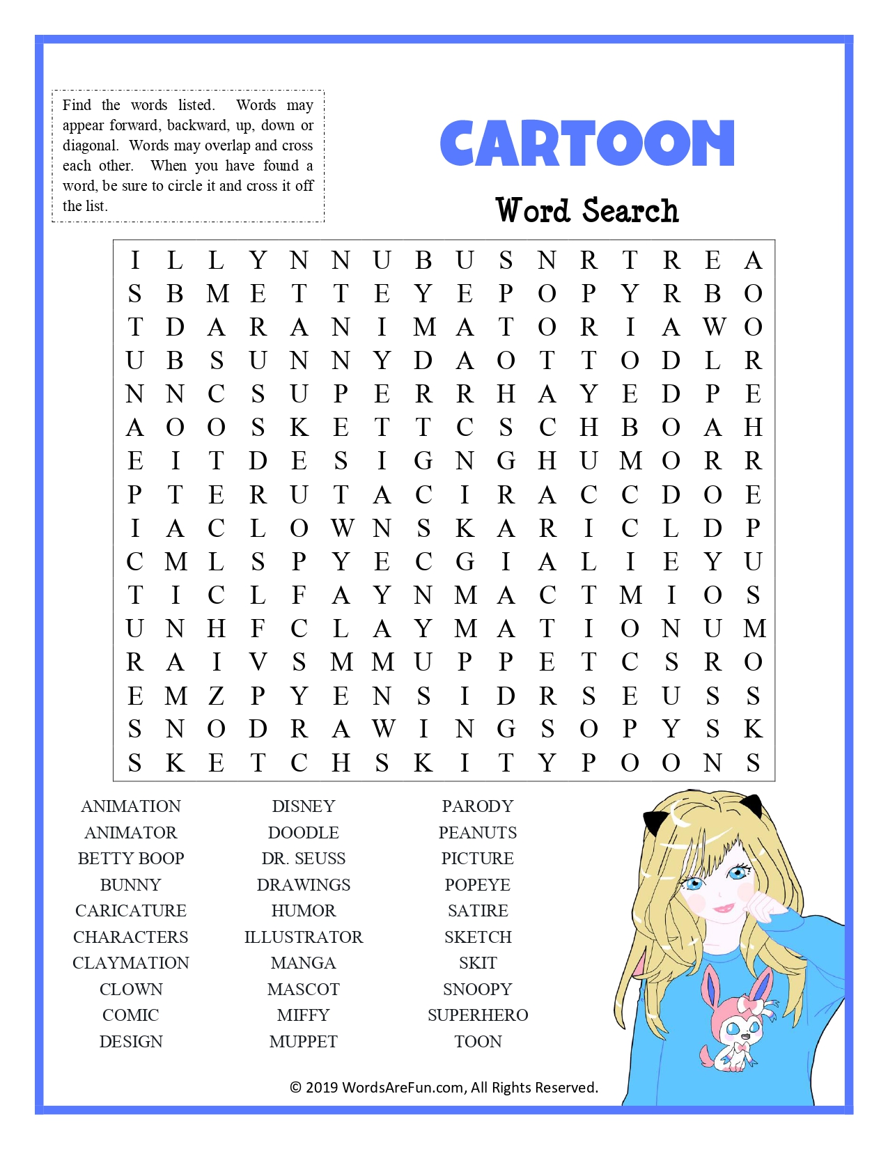 FREE Cartoon Word Search Puzzle | Fun Animation & Comics Activity ...