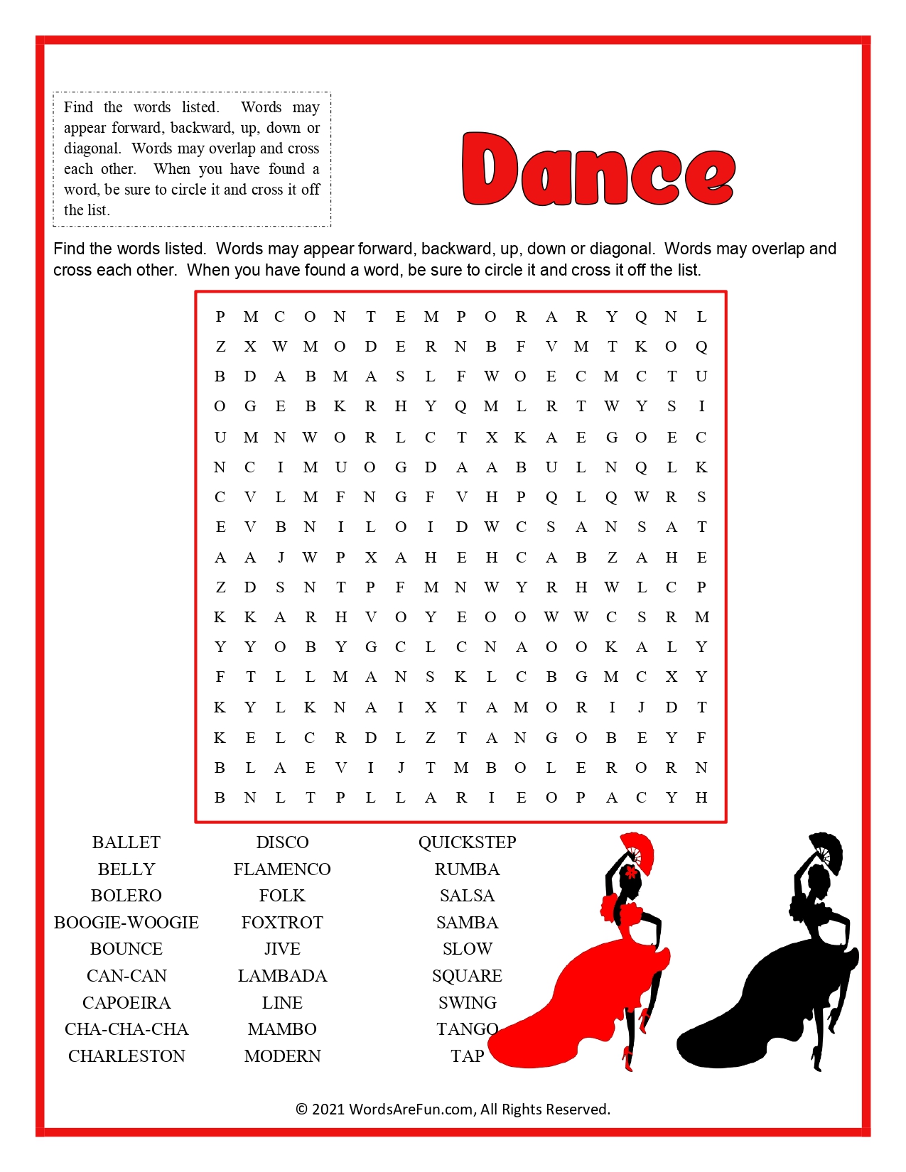 FREE Dance Word Search Puzzle | Printable Music & Dance Styles Activity ...