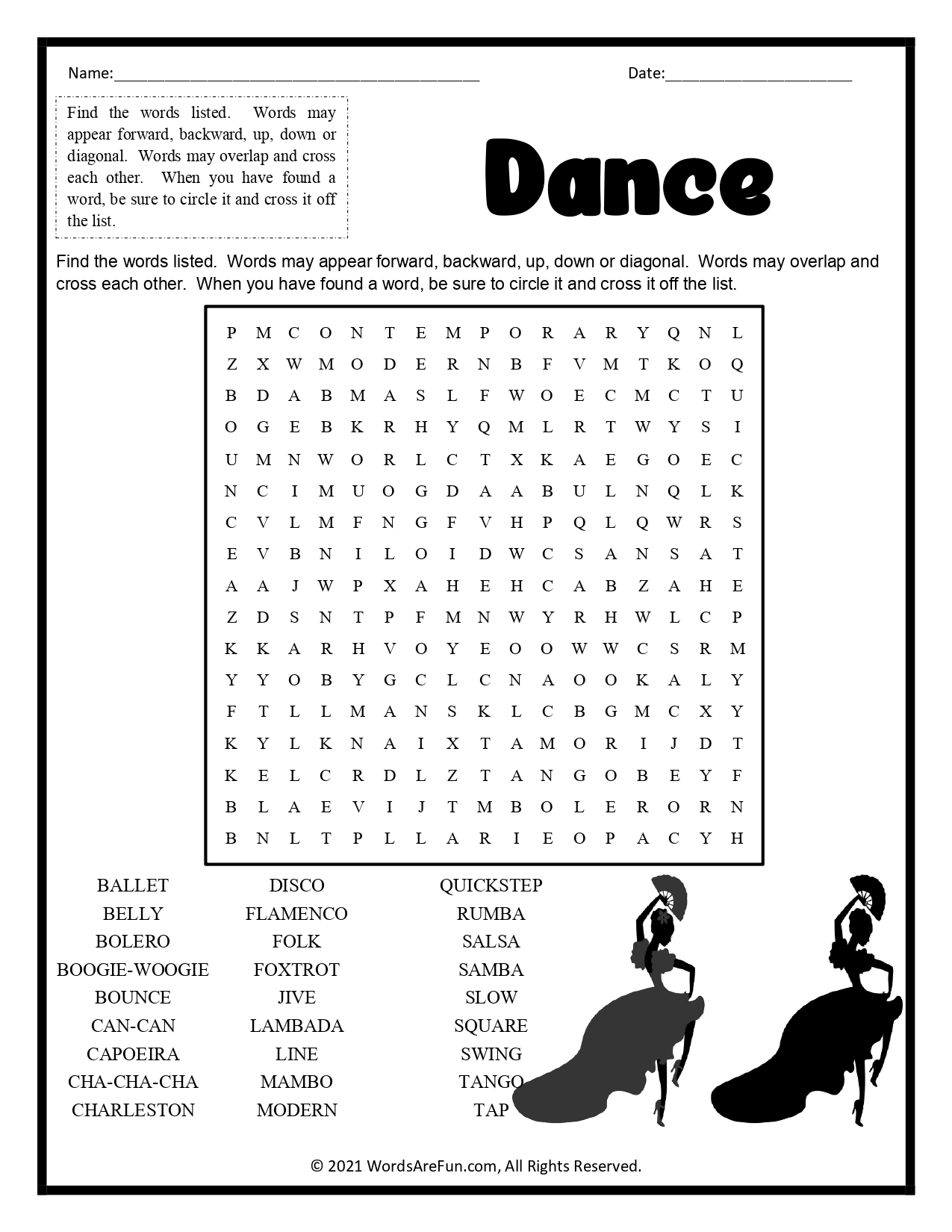 FREE Dance Word Search Puzzle | Printable Music & Dance Styles Activity ...