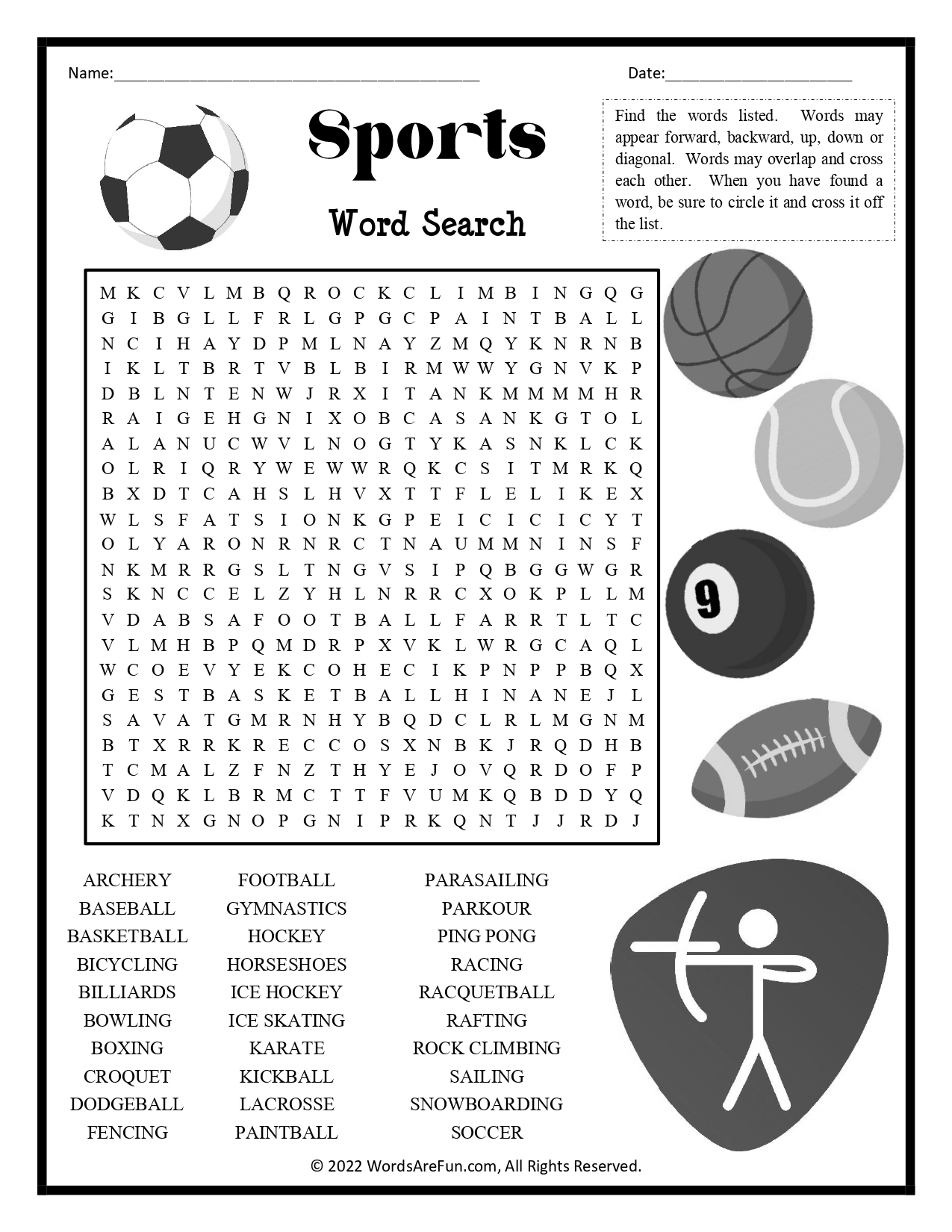 FREE Sports Word Search Puzzle | Printable Physical Education Activity ...