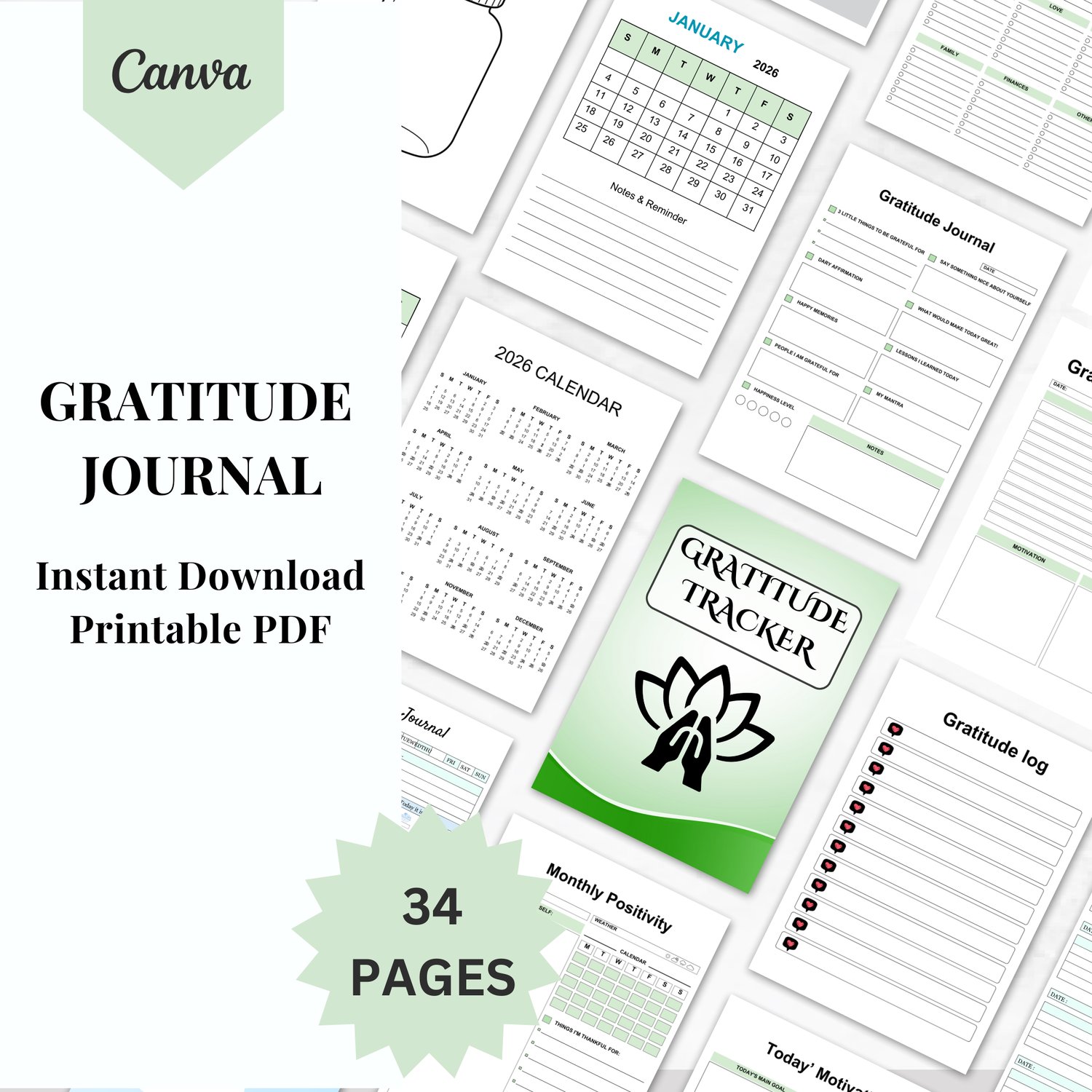 2026 Editable Gratitude Journal, Daily Digital Planner Printable Self ...