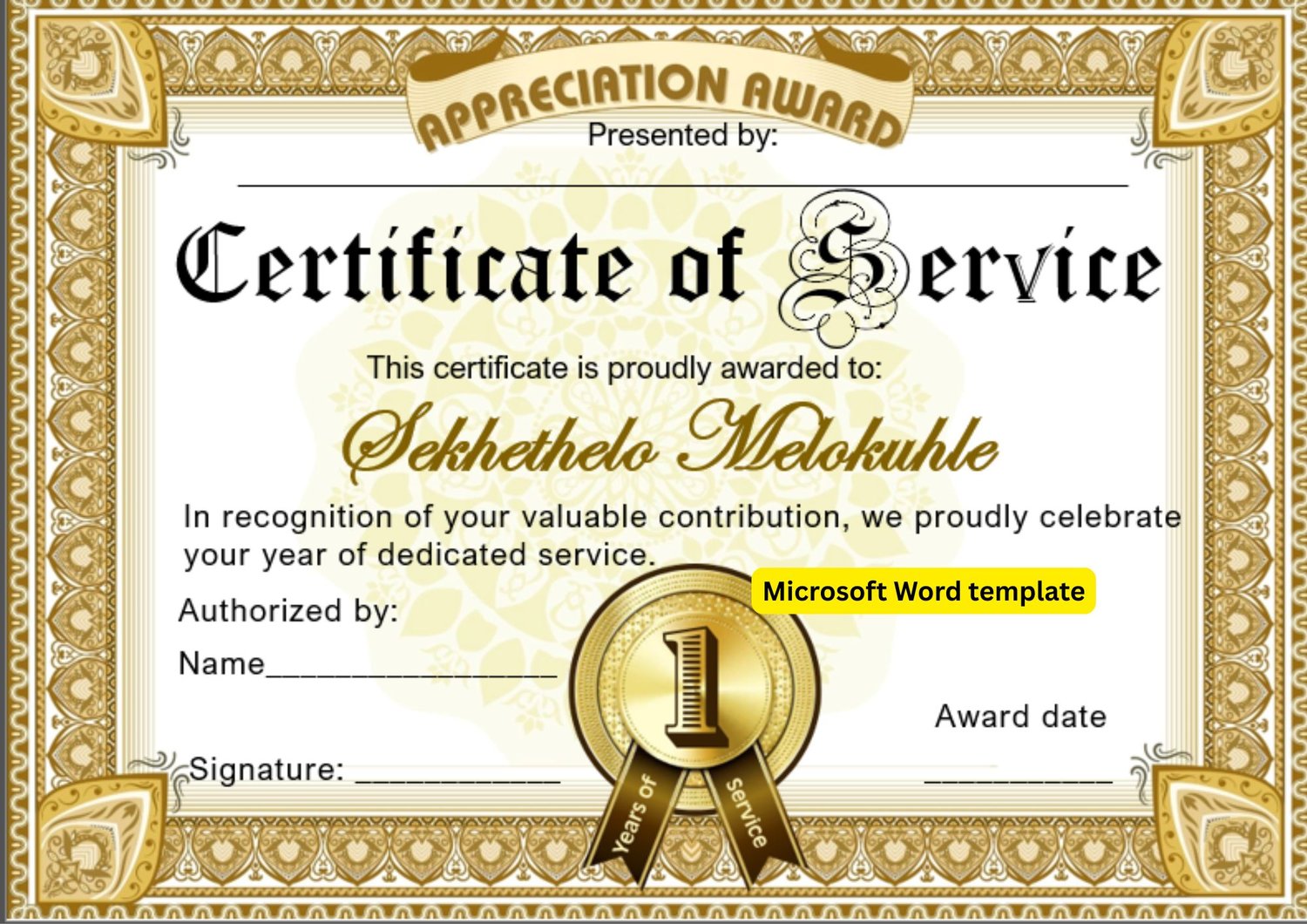 1 Year Employee Service Award Template (Word File) - Payhip