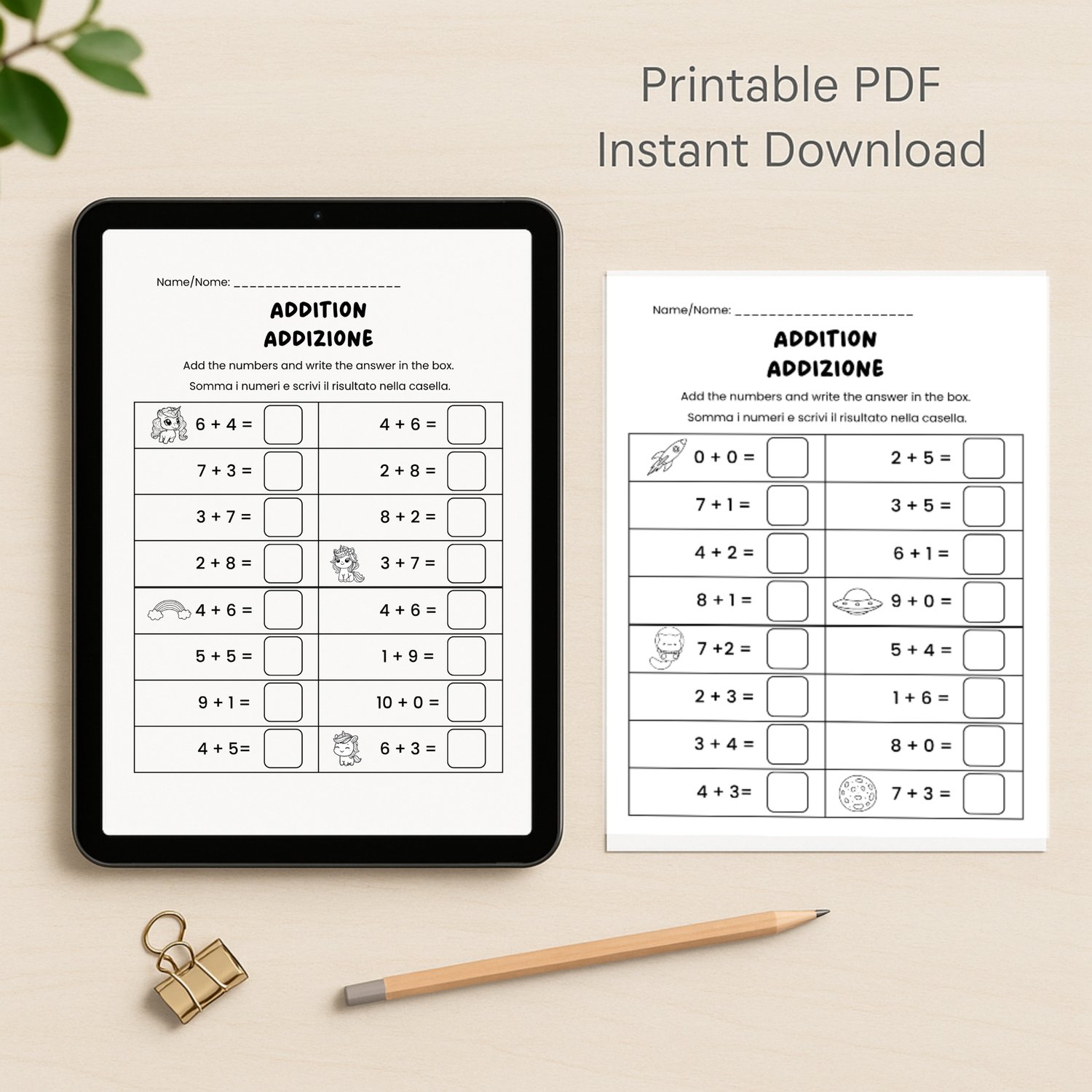 Addition Fact Fluency Worksheets 1–15 (Bilingual EN/IT) – 10 Drills 2 ...