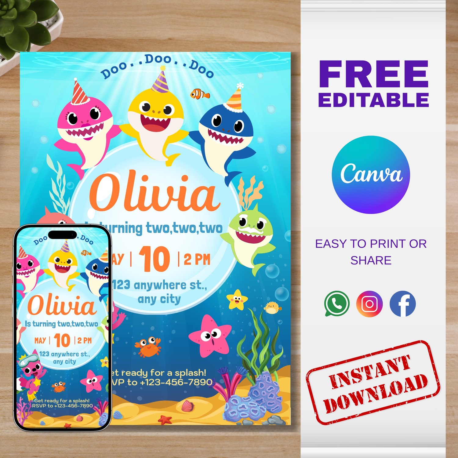 Baby Shark Birthday Invitation Template Canva [BI17] - Payhip