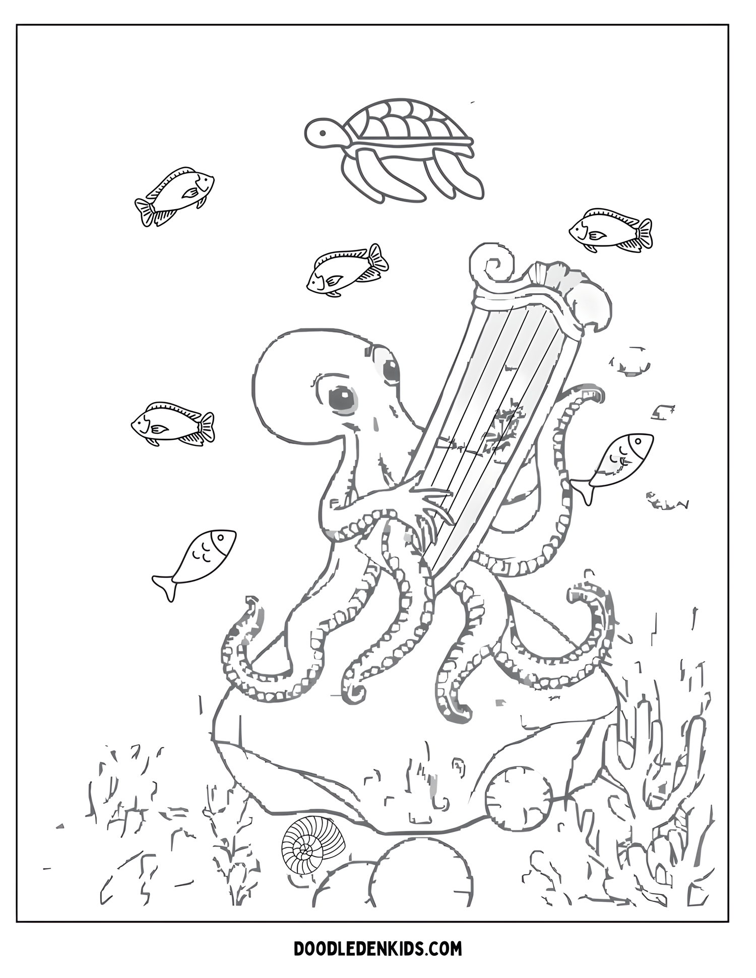 Musical Octopus Coloring Page – Whimsical Underwater Printable for Kids