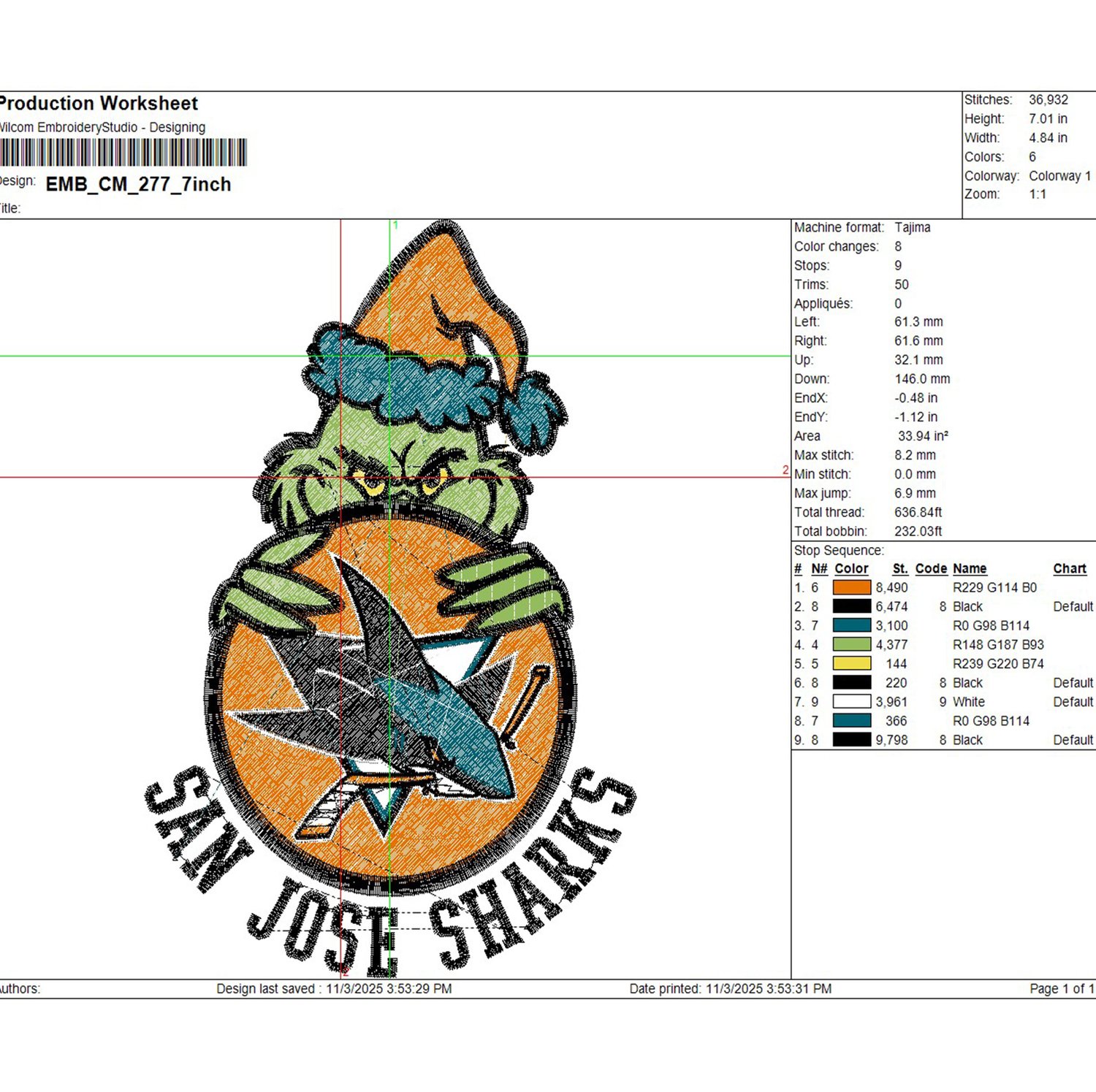 NHL San Jose Sharks Team x Grinch Face Holding Ornament Embroidery ...