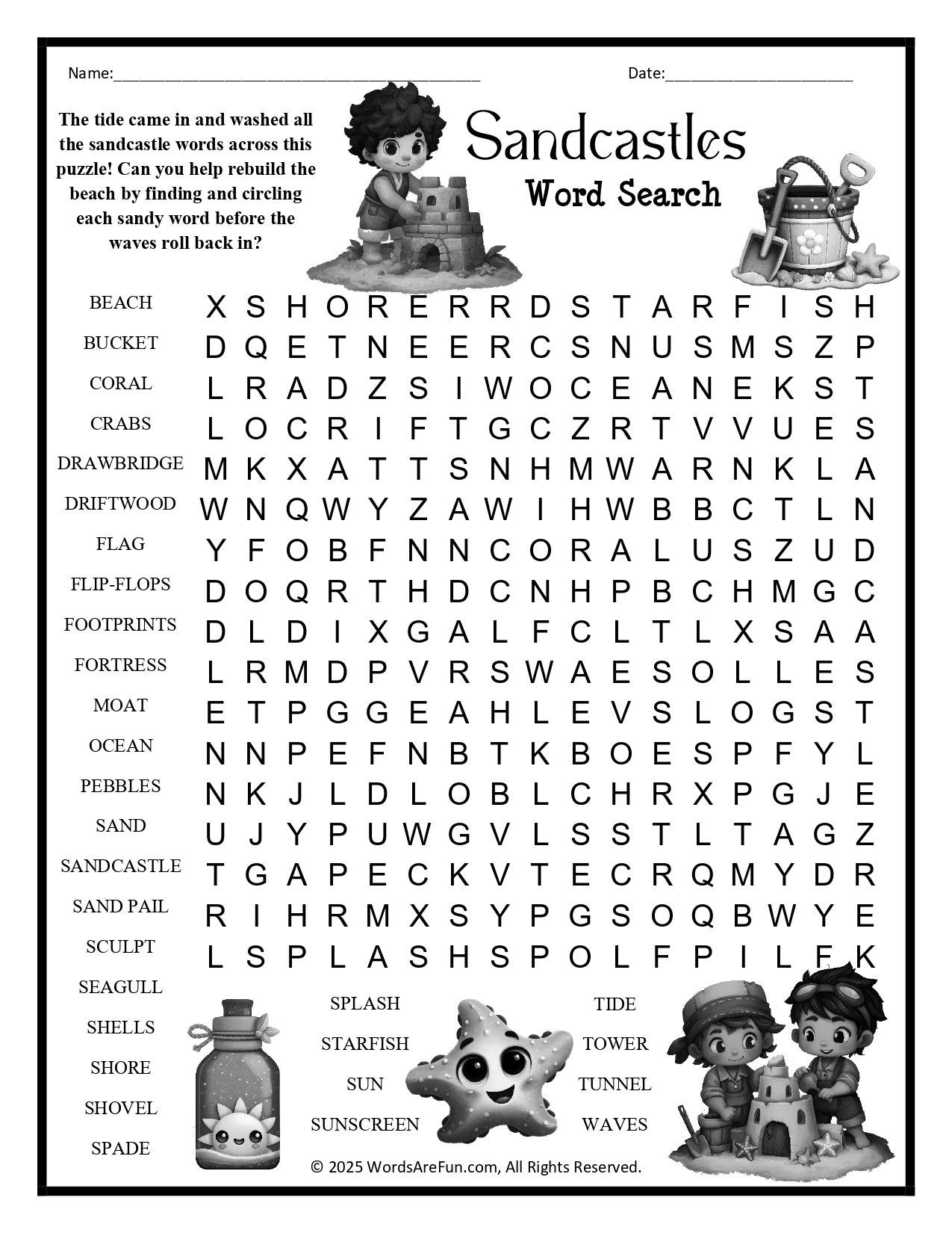 Sandcastle Day Word Search Printable – Beach Theme Activity for Kids ...