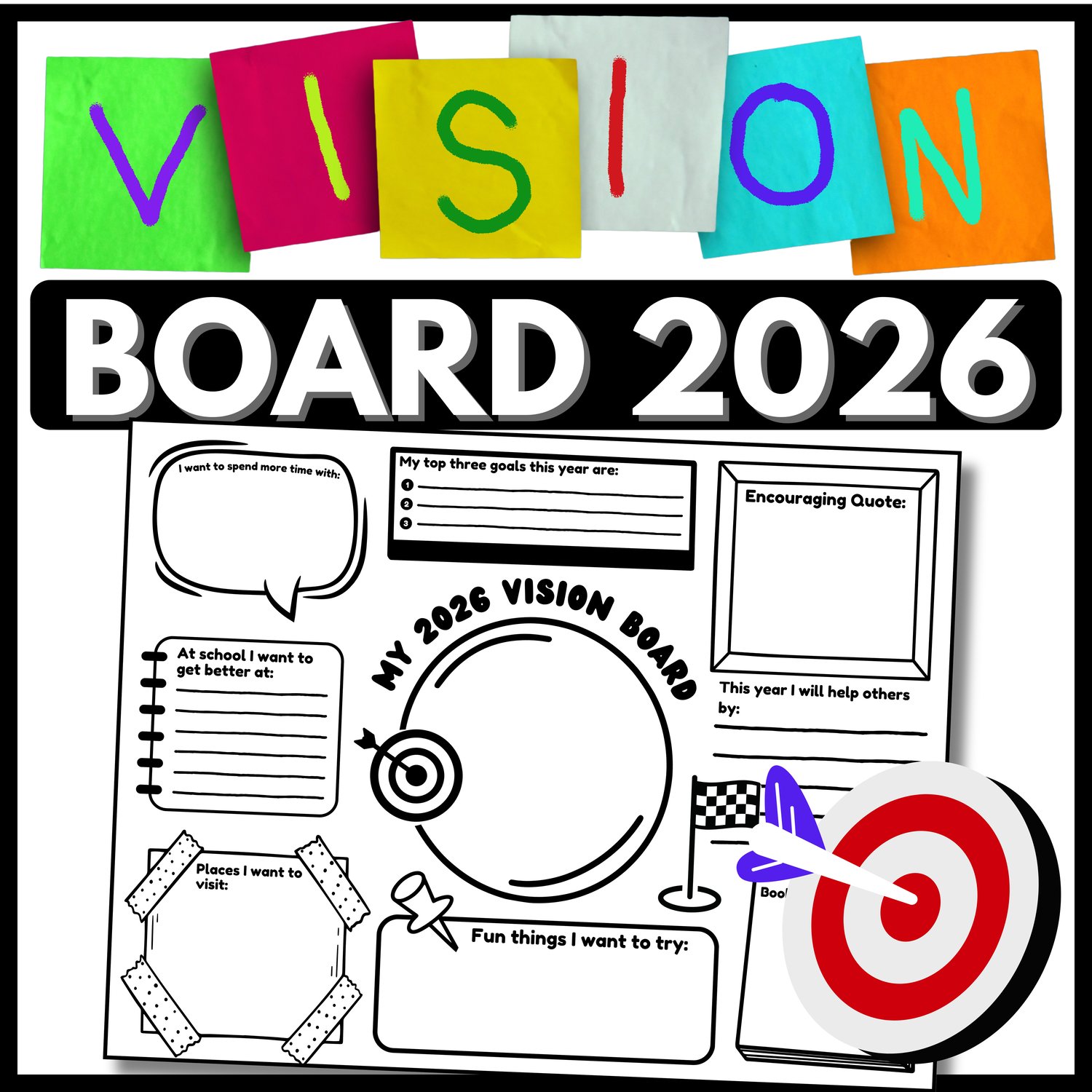 Vision board templates New Years 2026 goal setting sheets students ...