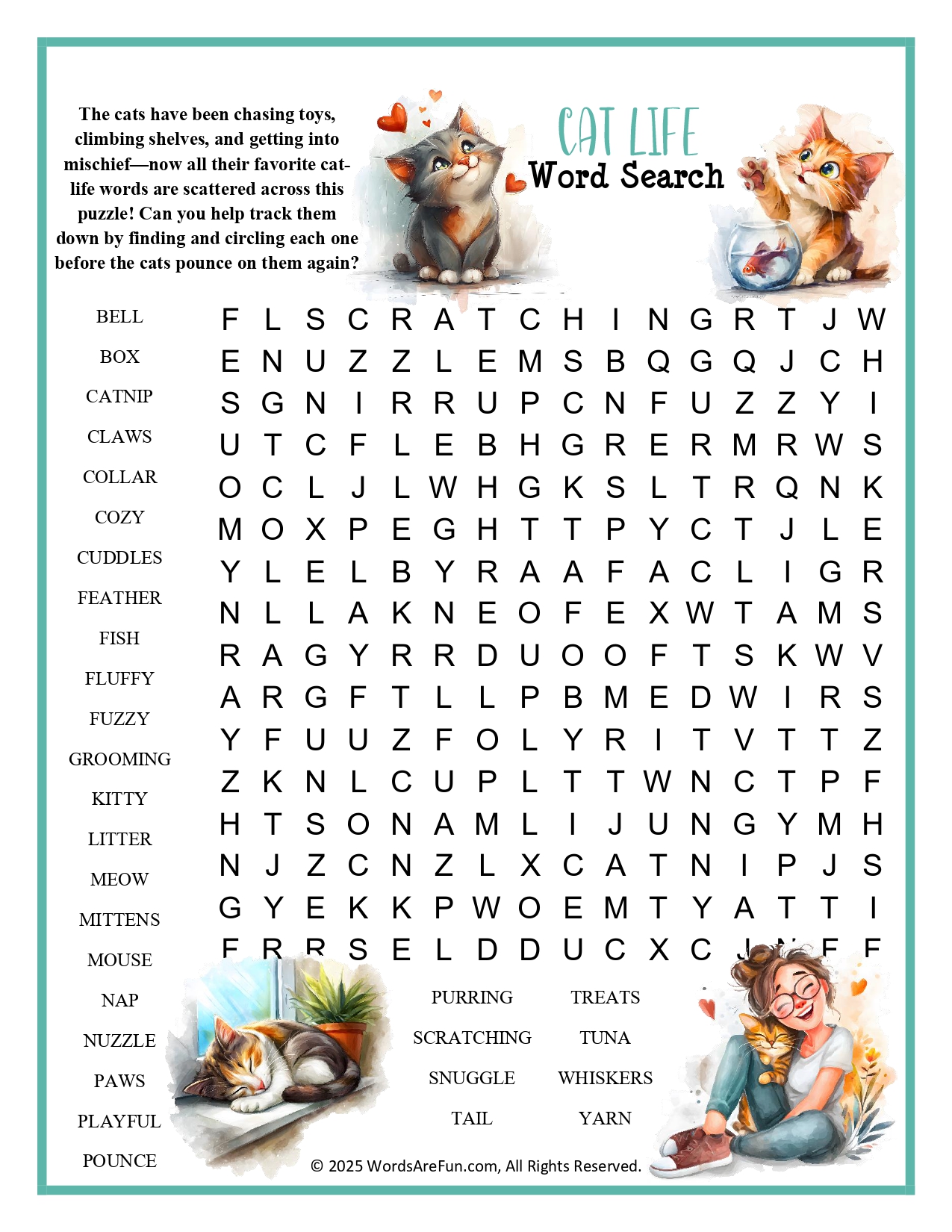 Cat Life Word Search Printable PDF – Fun International Cat Day Activity ...