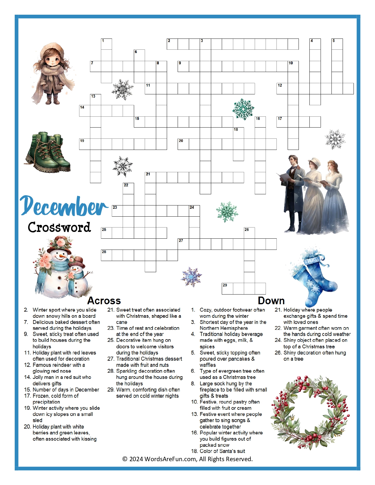December Crossword Puzzle Printable PDF | Fun Christmas & Winter ...