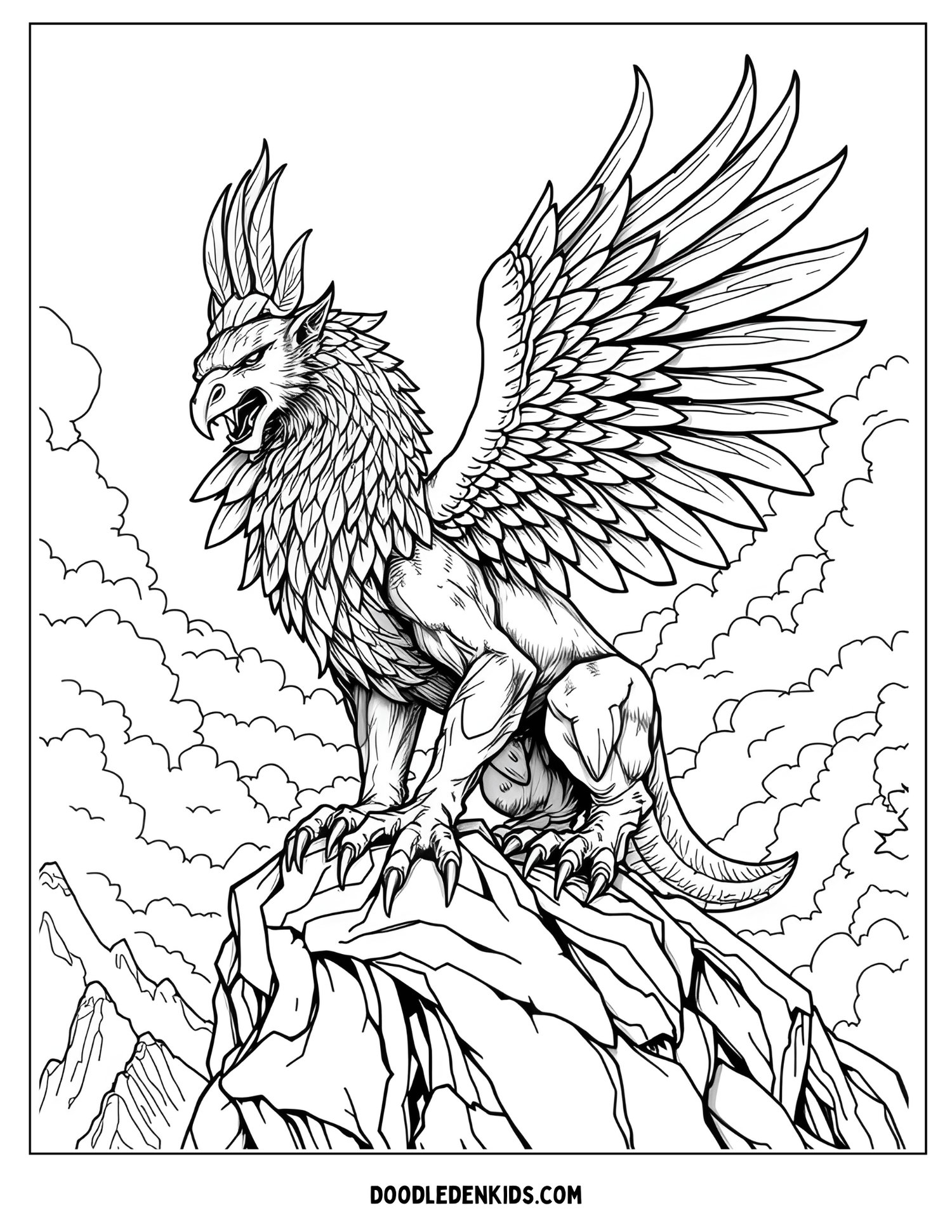Griffin Coloring Page for Adults – Majestic Cliff Scene Fantasy Line ...