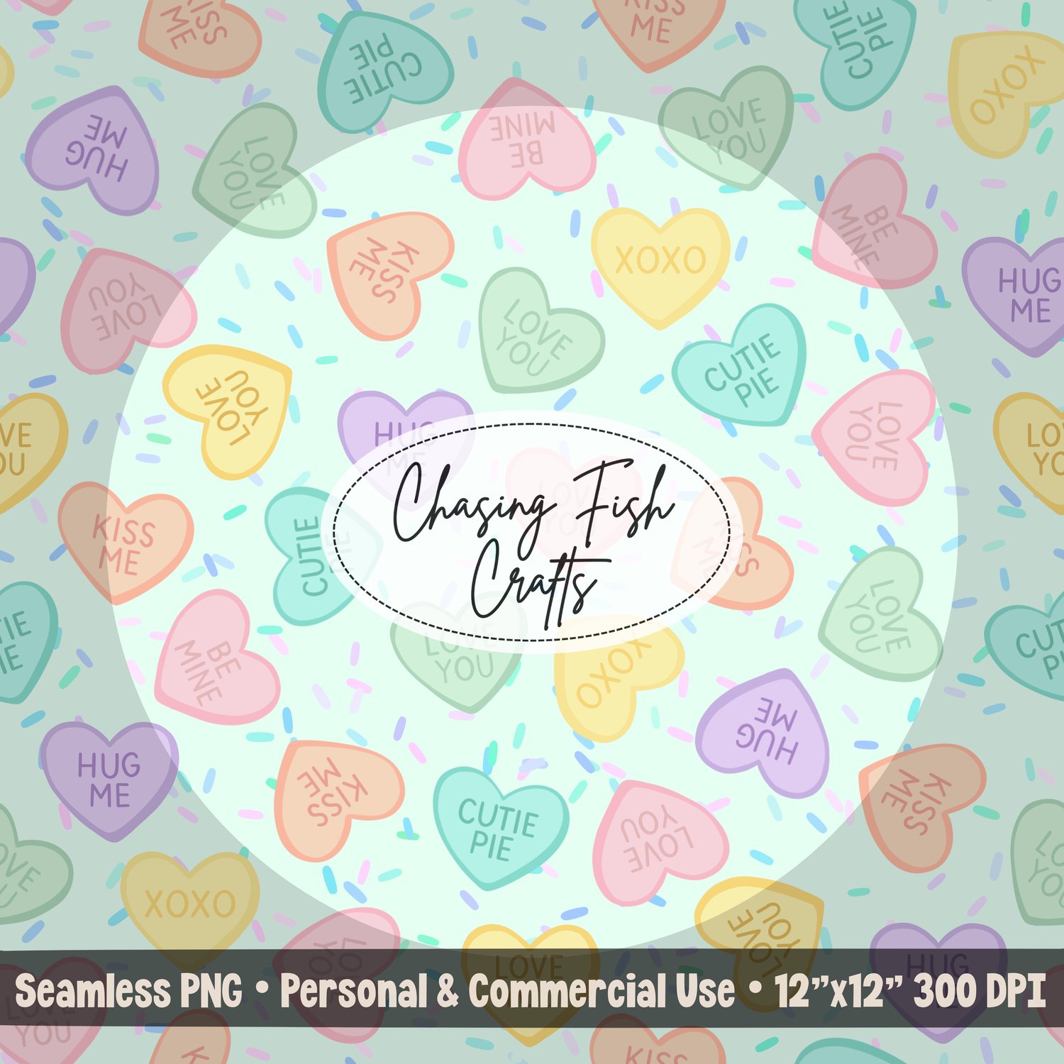Valentine’s Day Candy Conversation Hearts Hand-Drawn Green Seamless ...
