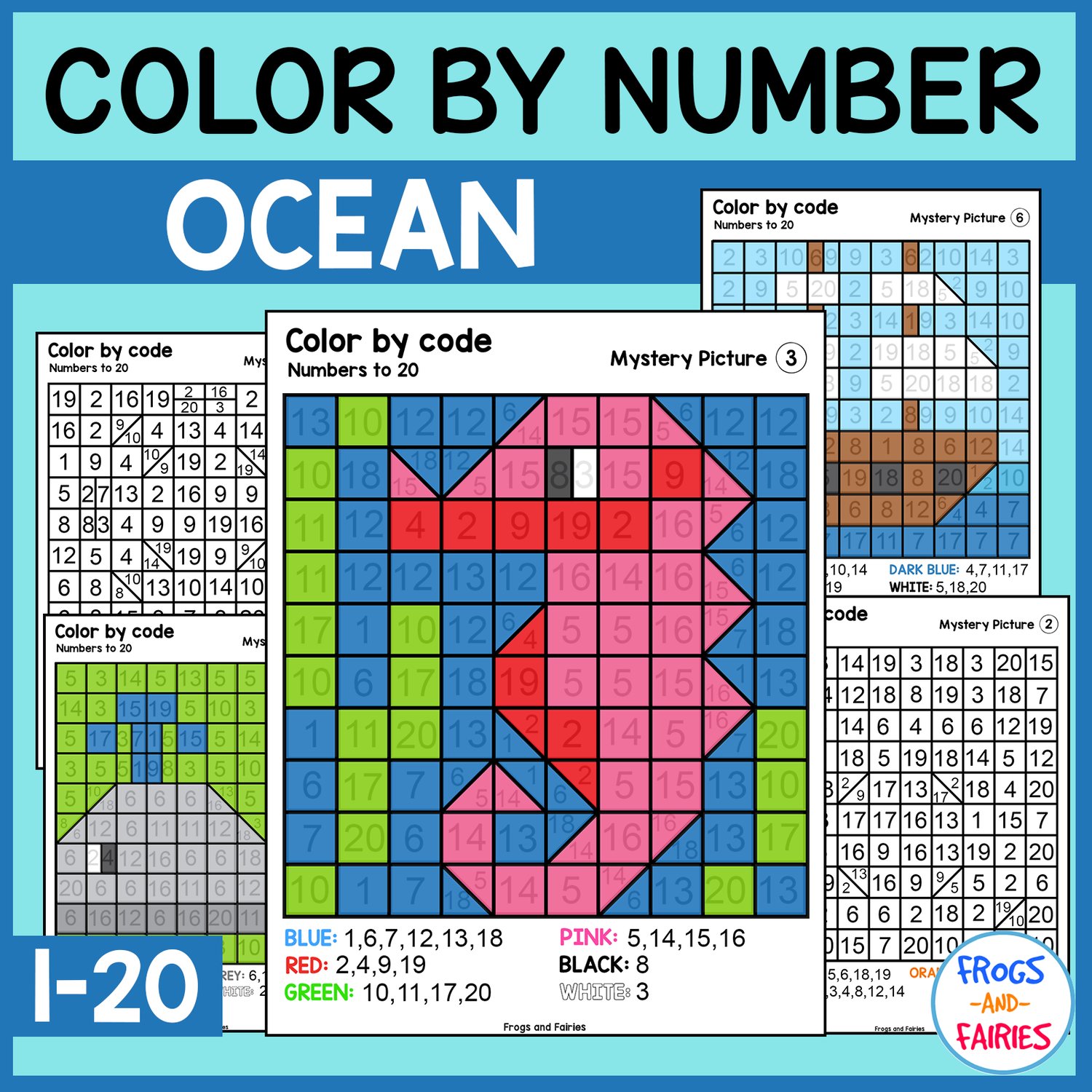Ocean Mystery Number Coloring Worksheets: Numbers 1–20