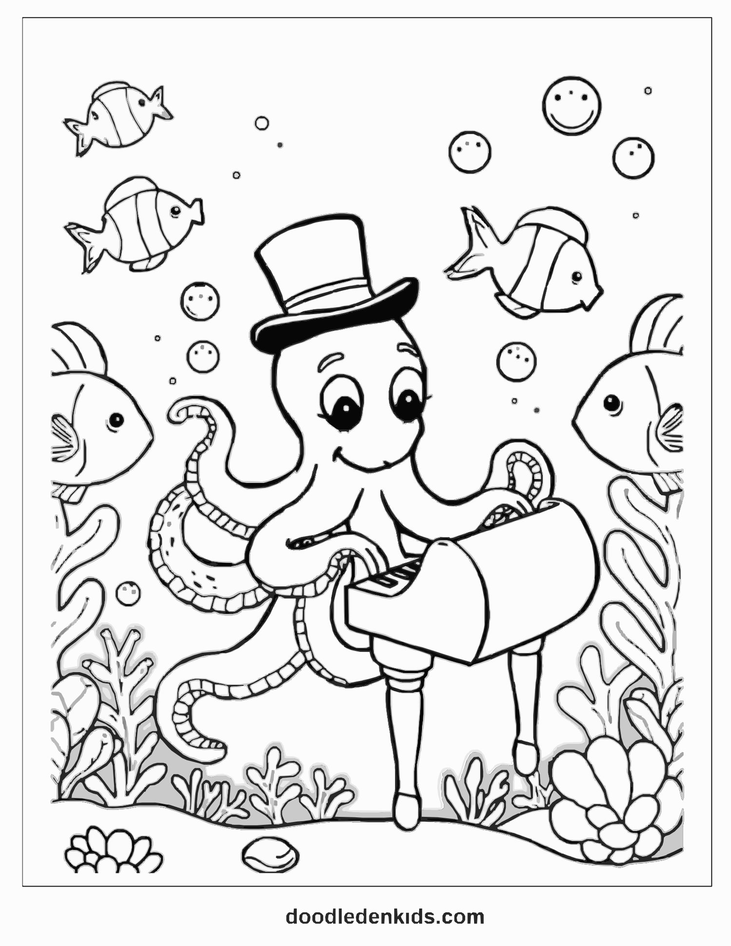 Musical Octopus Playing a Piano – Whimsical Underwater Coloring Page