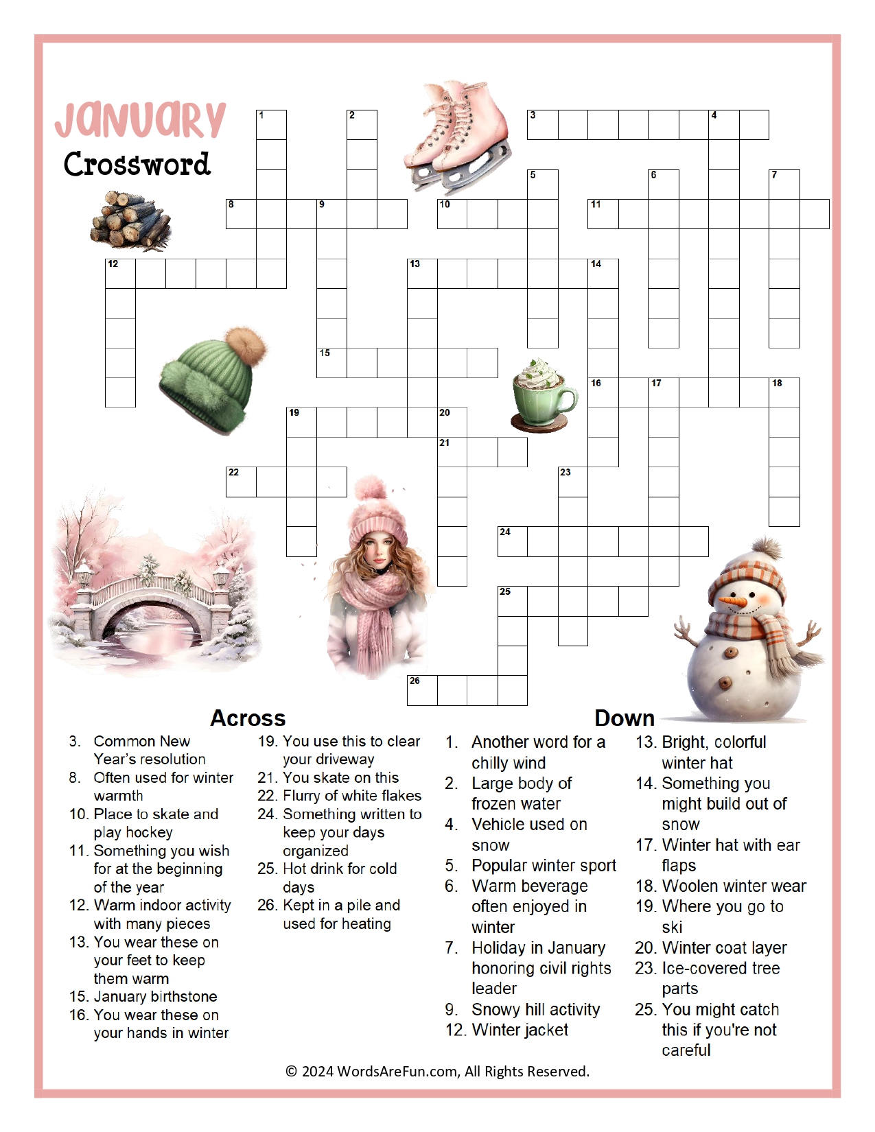 January Crossword Puzzle | Winter Vocabulary Activity PDF for Kids ...
