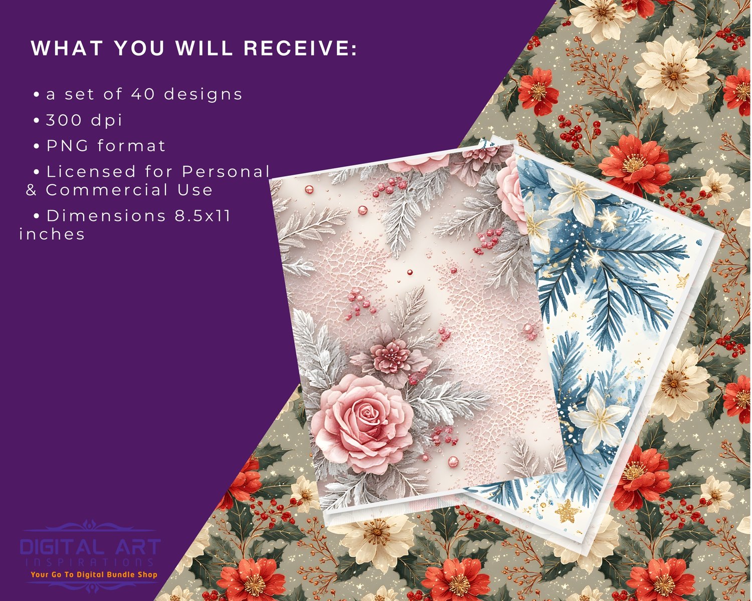 40 Christmas Floral Digital Papers – Printable Holiday Backgrounds | 8 ...