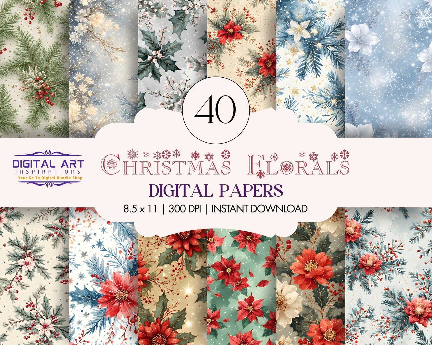 40 Christmas Floral Digital Papers – Printable Holiday Backgrounds | 8 ...
