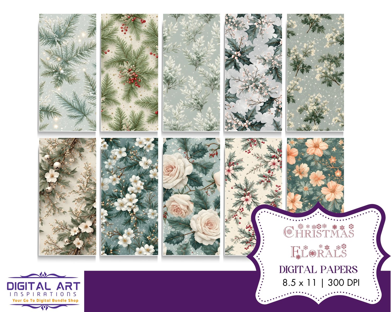 40 Christmas Floral Digital Papers – Printable Holiday Backgrounds | 8 ...