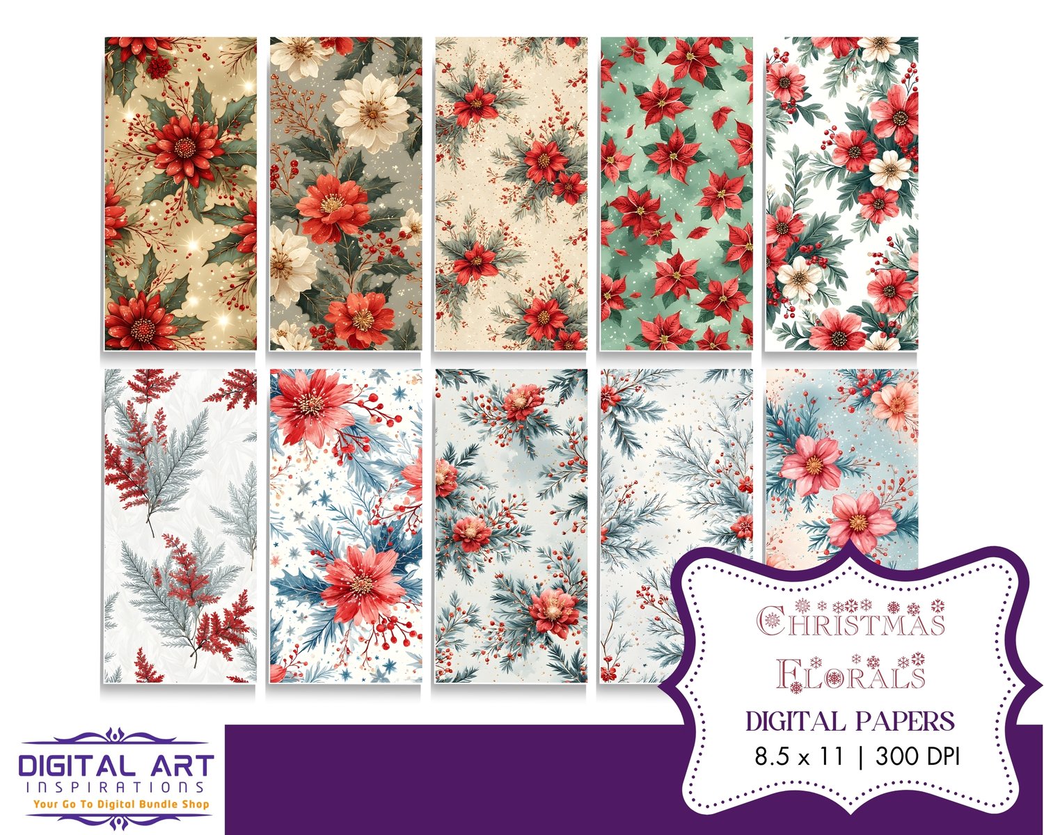 40 Christmas Floral Digital Papers – Printable Holiday Backgrounds | 8 ...