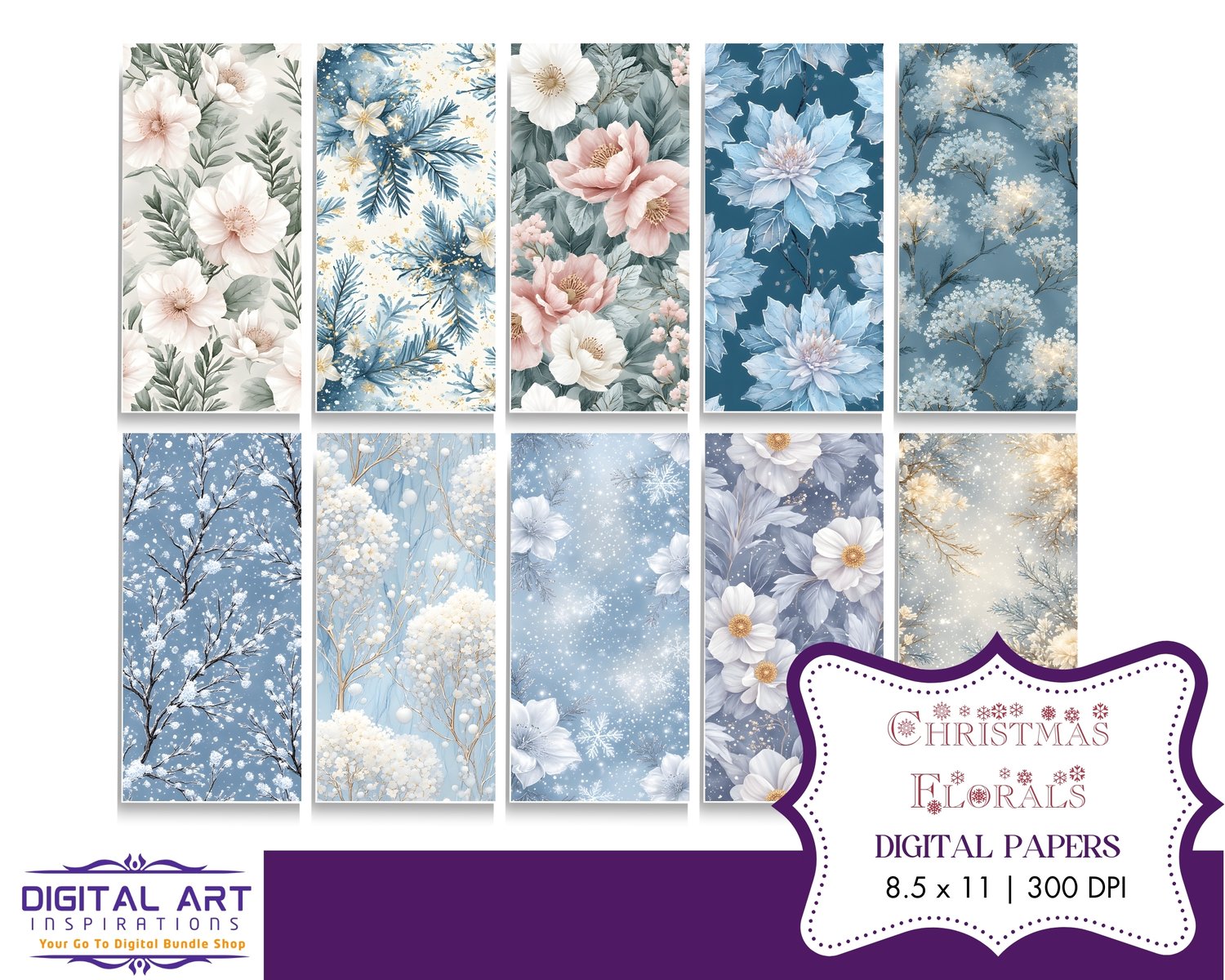 40 Christmas Floral Digital Papers – Printable Holiday Backgrounds | 8 ...