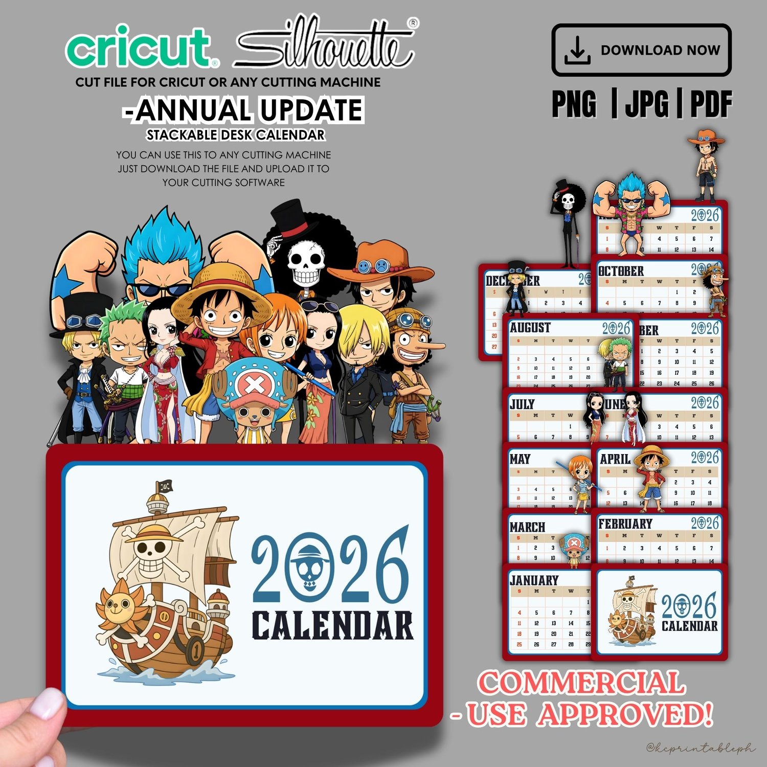 2026 One Piece Chibi Stackable Desk Calendar – Printable, Cricut ...