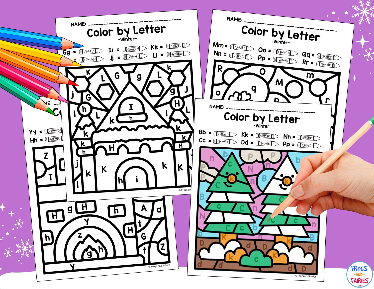 Winter Color by Letter Worksheets for Kindergarten Alphabet Practice