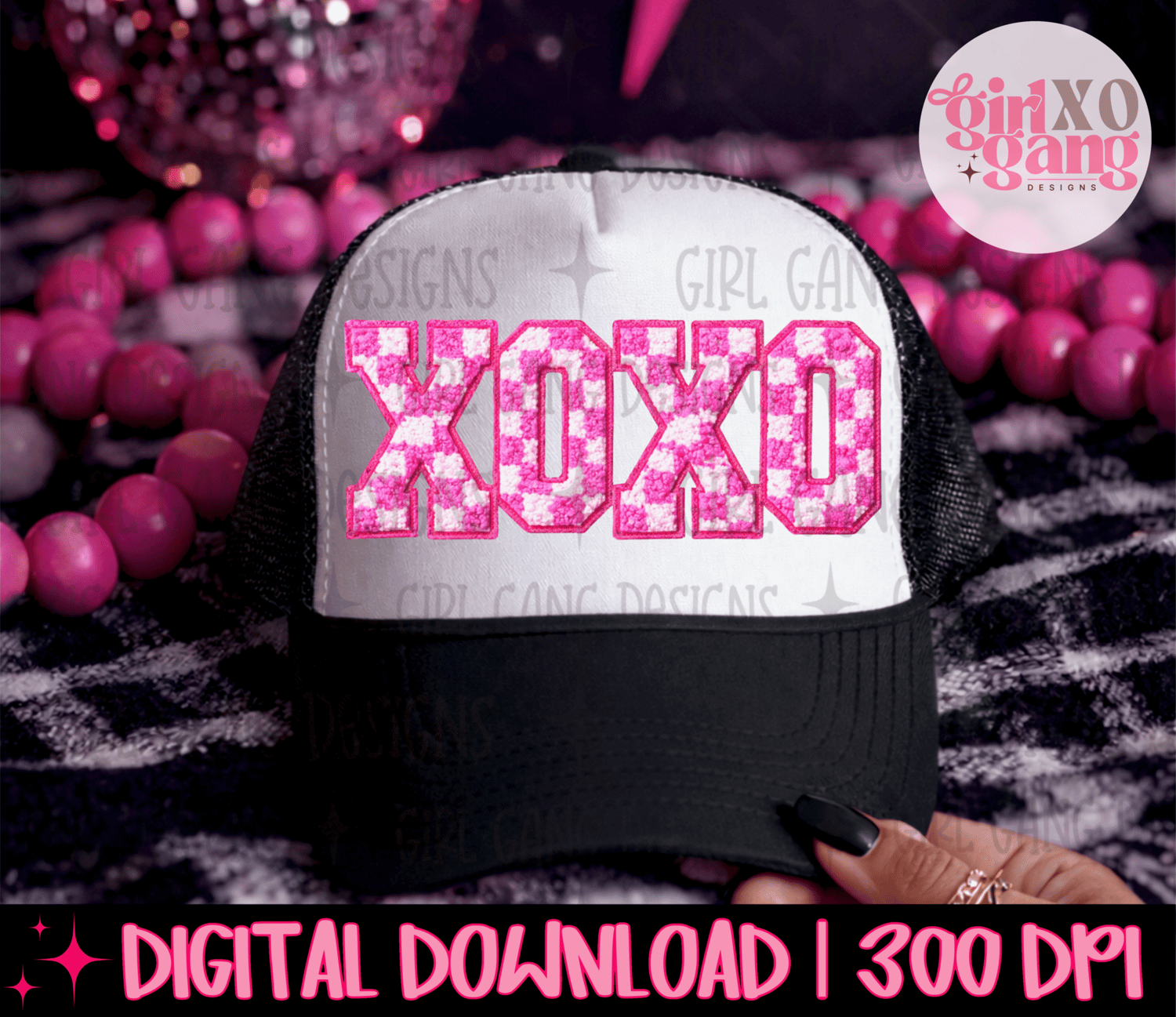 Xoxo faux patch trucker hat PNG, valentine checkered xoxo png - Payhip