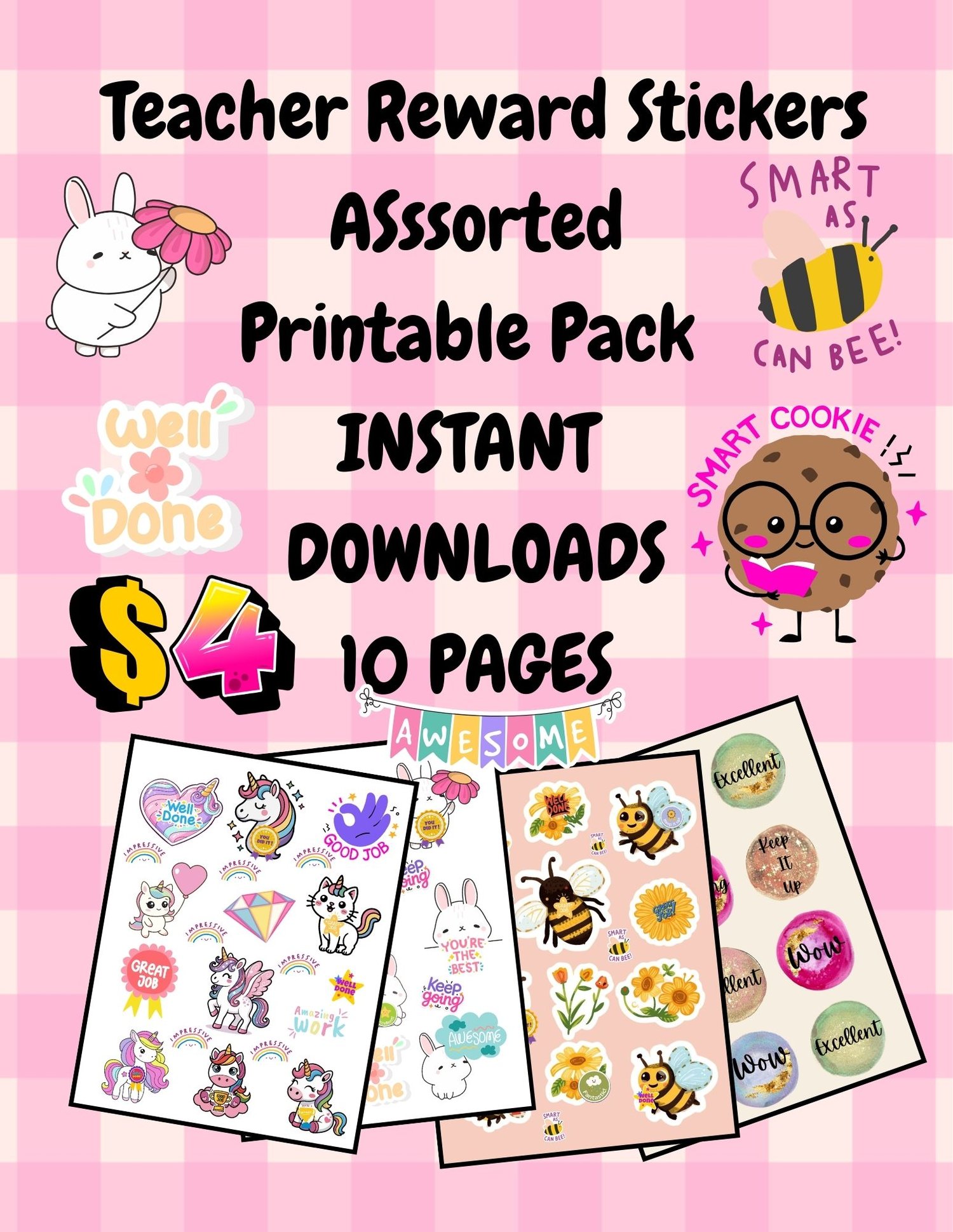 Teacher Reward Stickers – 10 Assorted Designs 🐝🐰⭐🦄😊 - Payhip