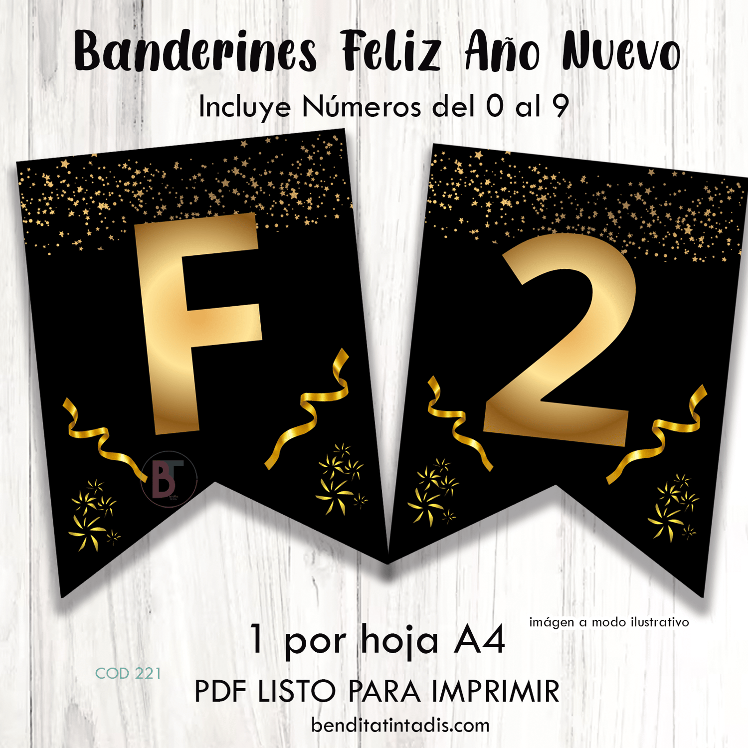 Banderín Imprimible Feliz 2026 – Negro y Dorado - Con Números