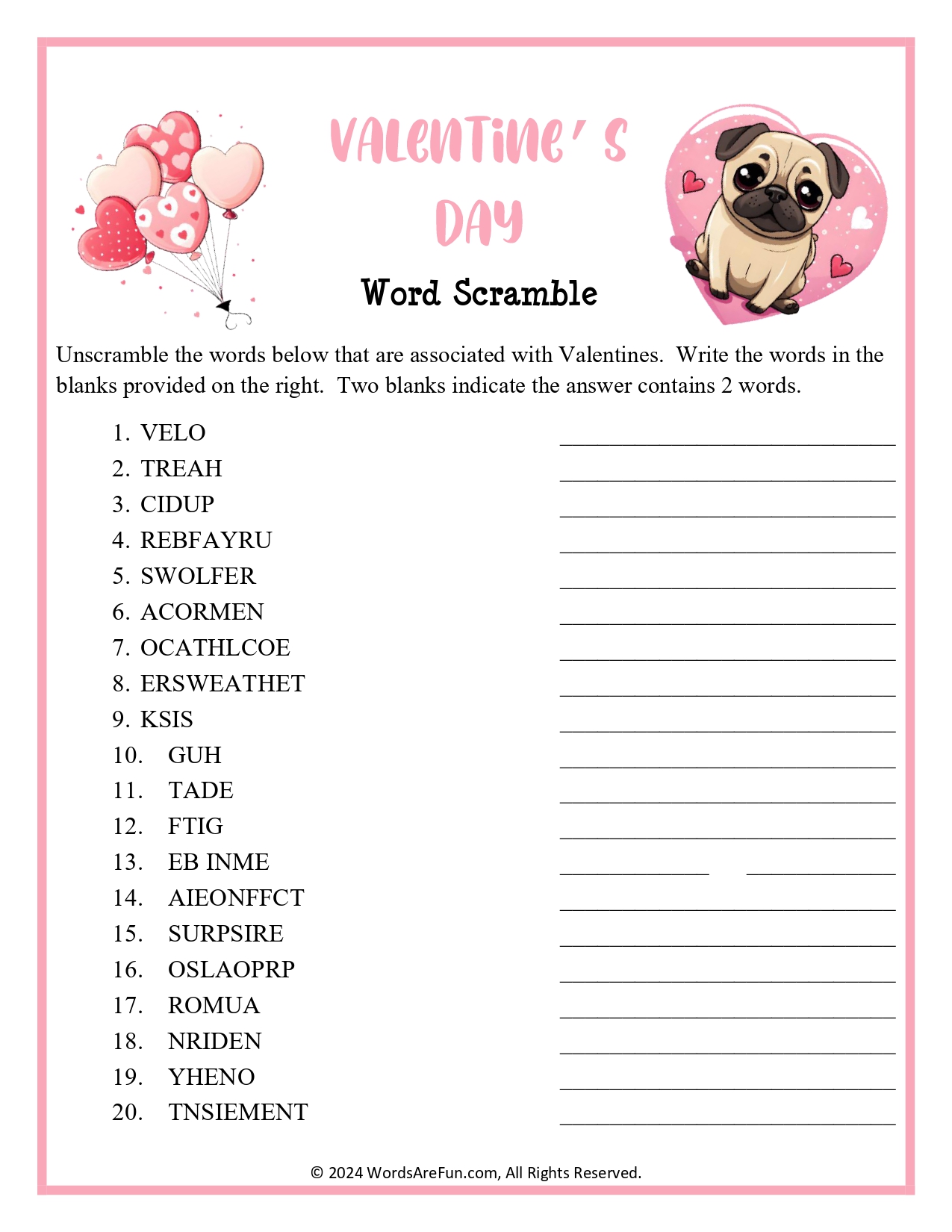Valentine’s Day Word Scramble Printable | Fun February Love Puzzle PDF