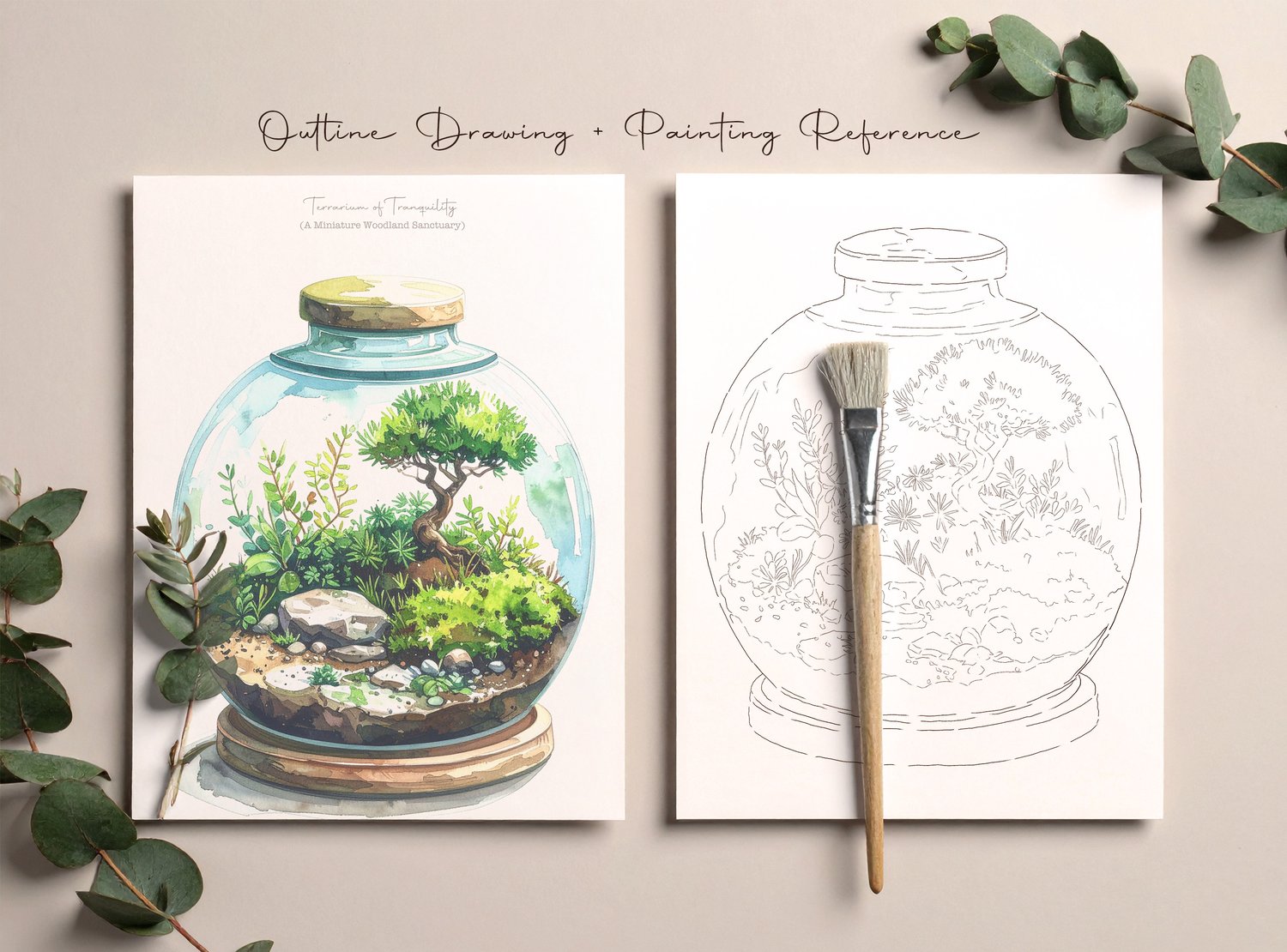 Terrarium of Tranquility – Outline Drawing & Watercolor Reference