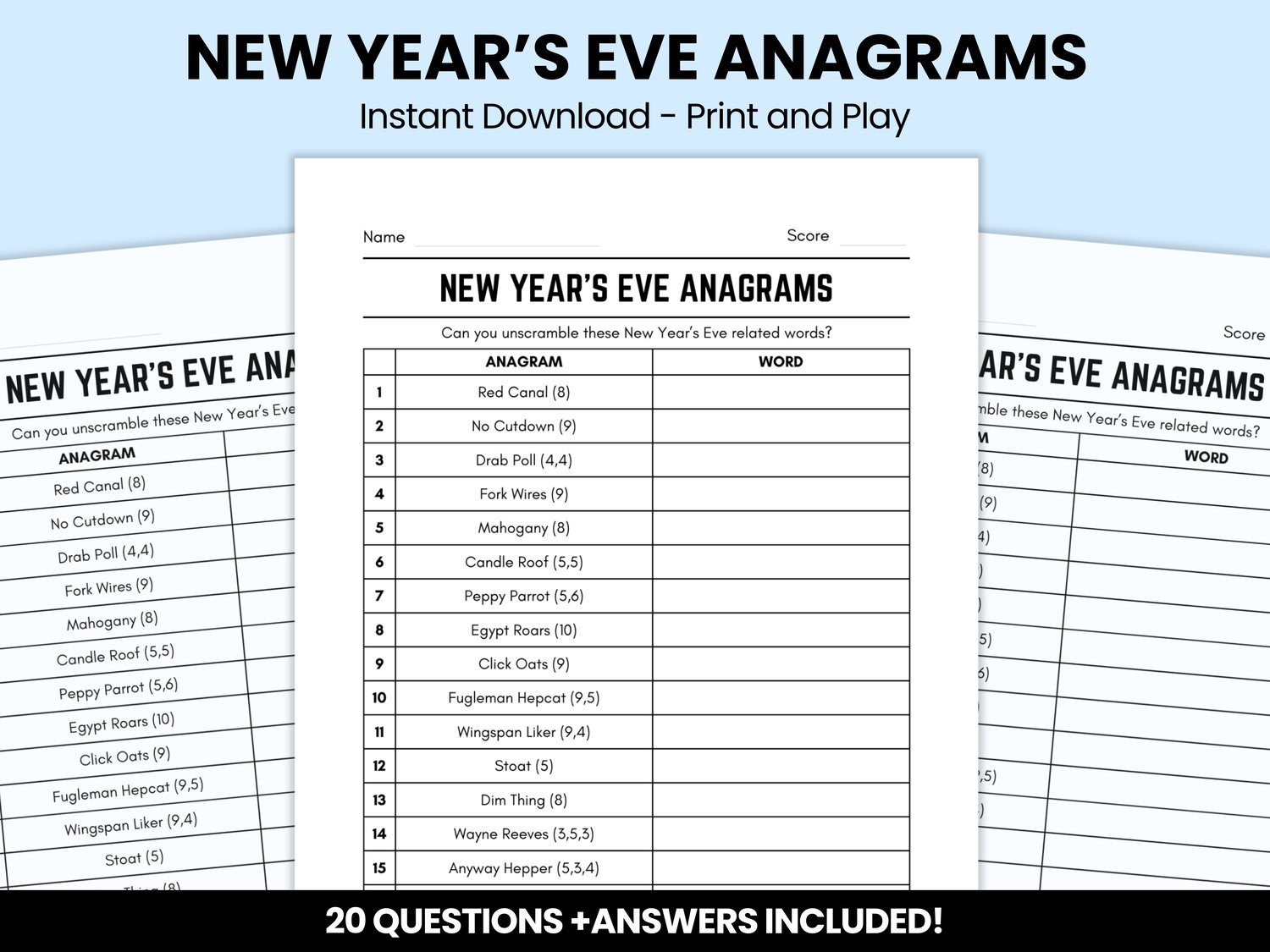 New Year’s Eve Anagrams Quiz With Answers – Instant Download