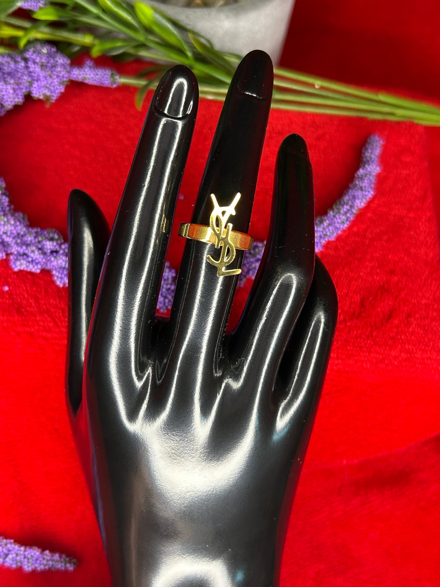 Stainless steel YSL-inspired ring in open size, featuring a bold raised ...