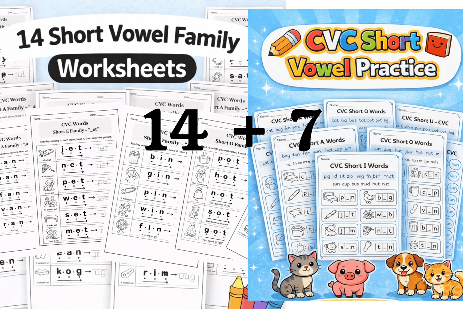 CVC Worksheets Bundle – Short Vowel Practice (21 Worksheets | A E I O U ...