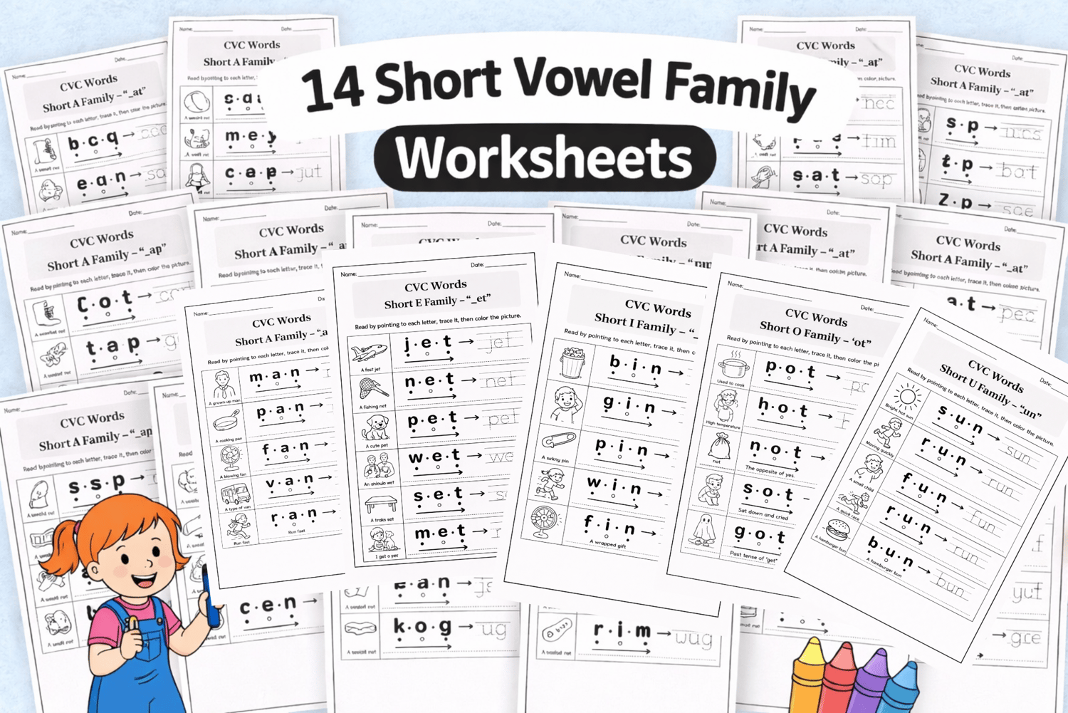 CVC Worksheets Bundle – Short Vowel Practice (21 Worksheets | A E I O U ...