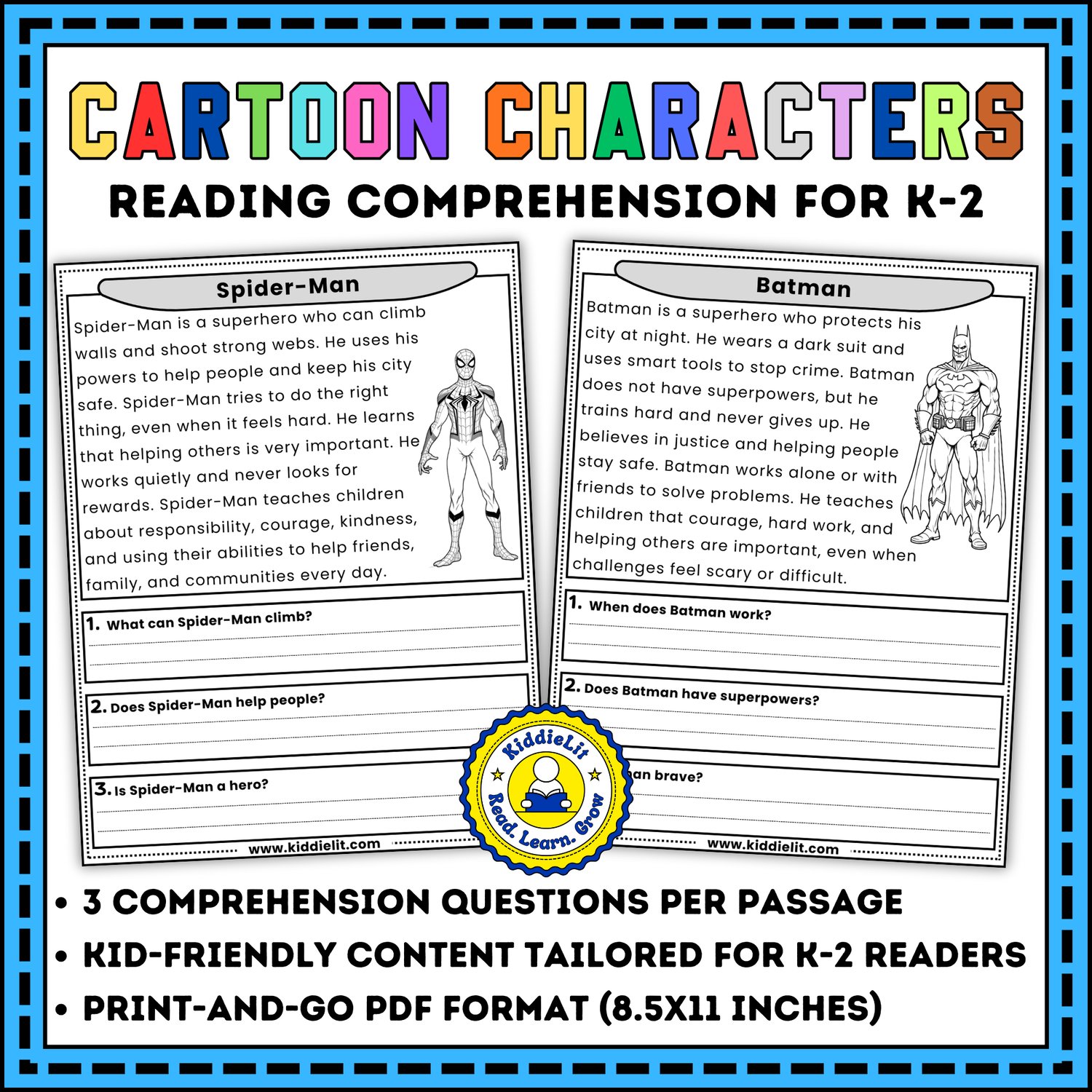 Cartoon Characters Reading Comprehension Passages | K–2 Reading ...