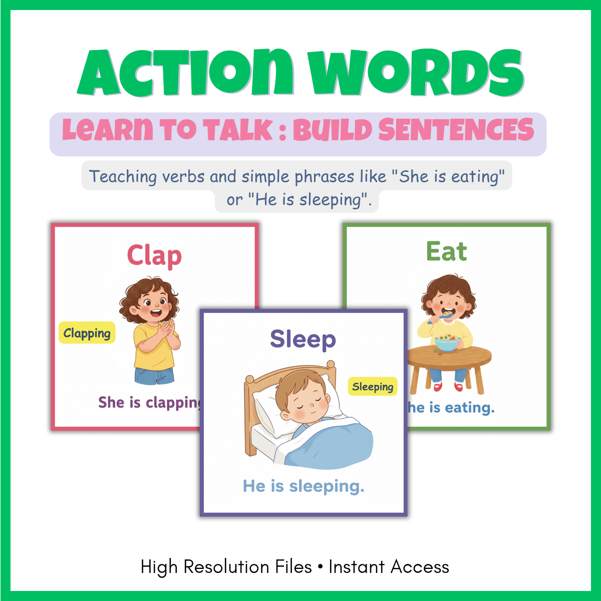 Action Verbs Printable Task Cards | Speech Therapy Autism ABA ...