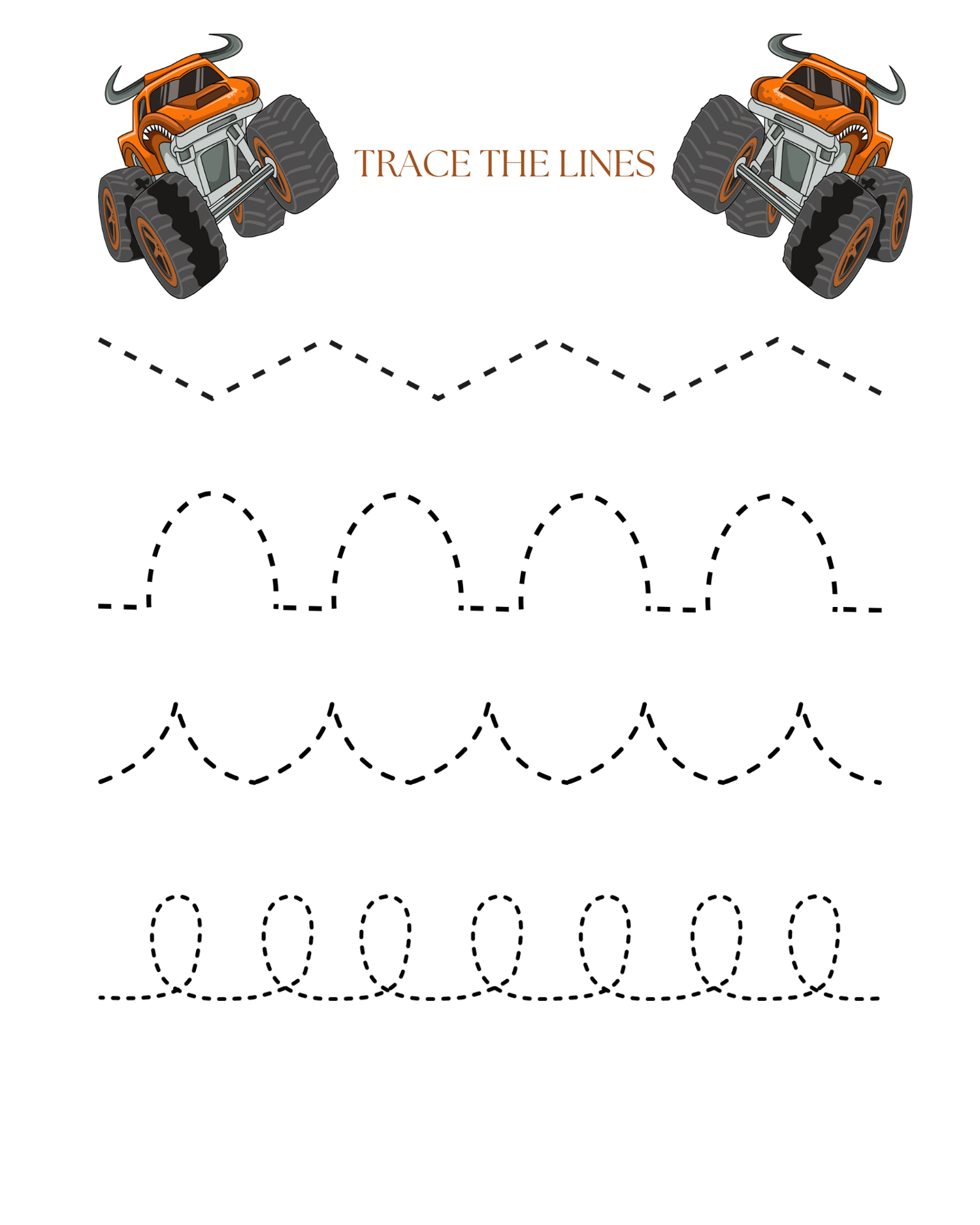 Monster Truck Tracing worksheets PDF- Fun learning for Little Beginners ...